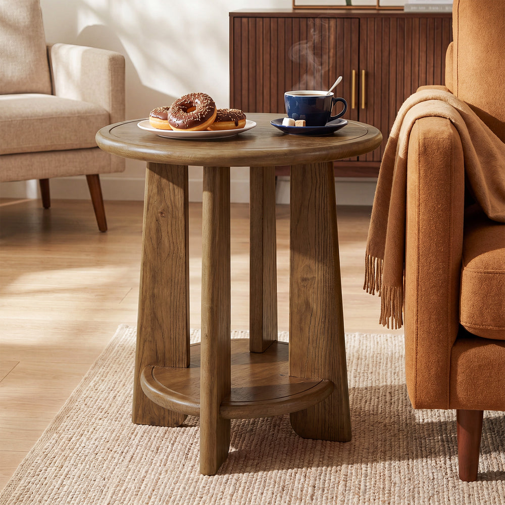 Round Solid Wood End Table, 2-Tier Side Table for Small Space-Tribesigns