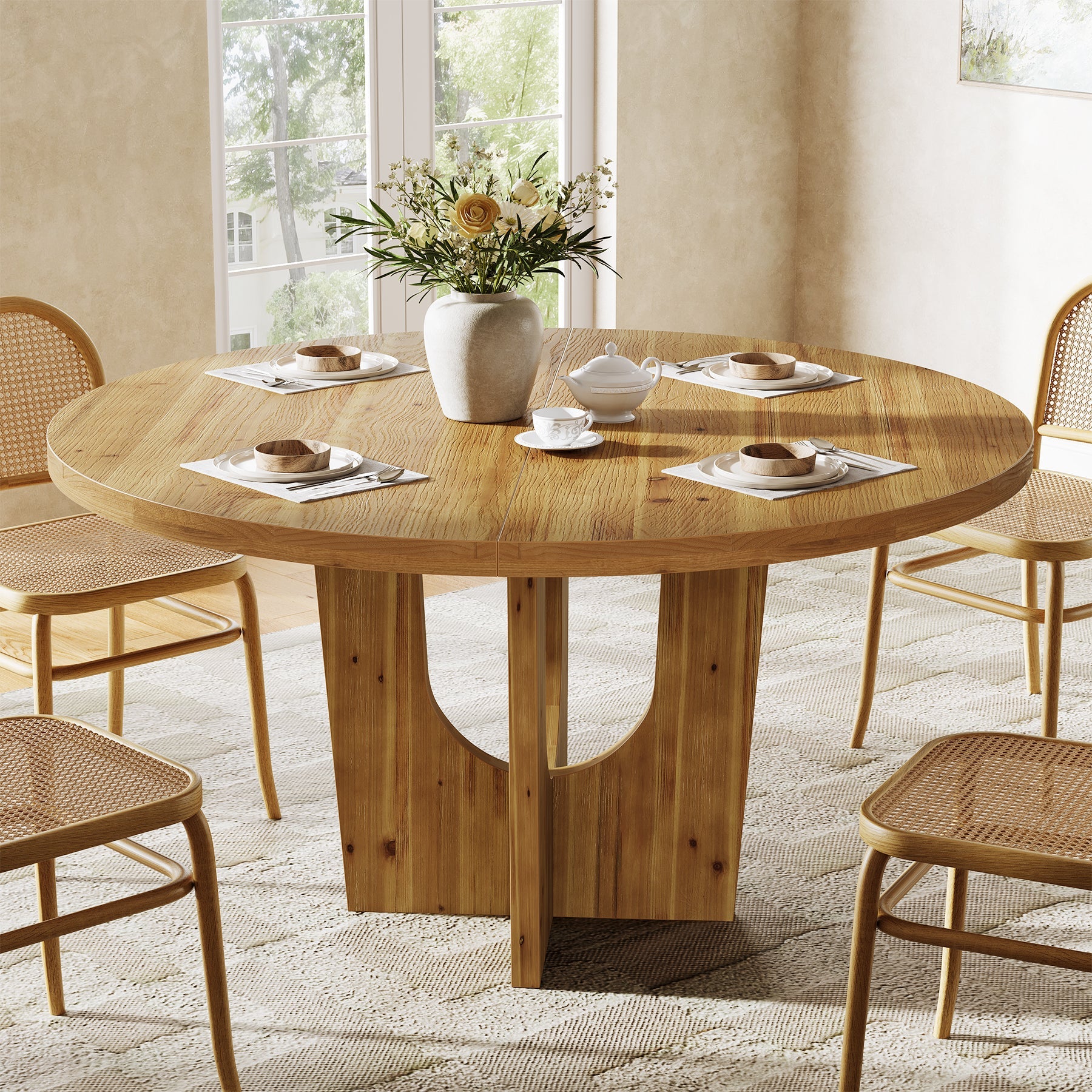 Solid Wood Round Dining Table, 47.2" Farmhouse Kitchen Table for 4-6 ...