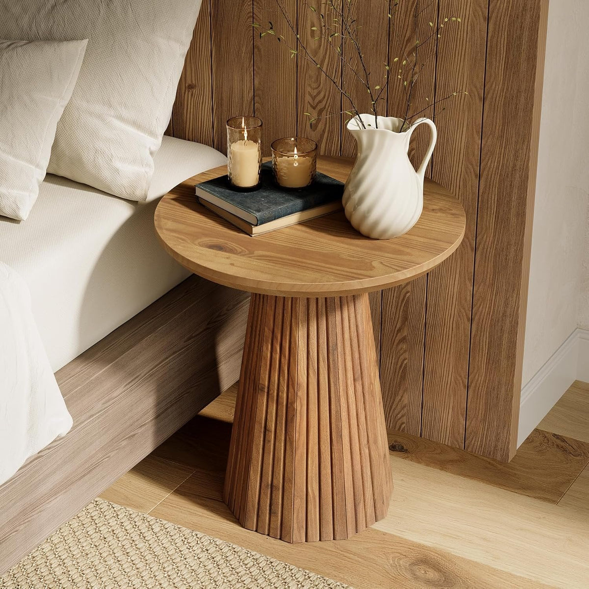 19" End Table, Solid Wood Round Pedestal Side Table with Fluted Base ...