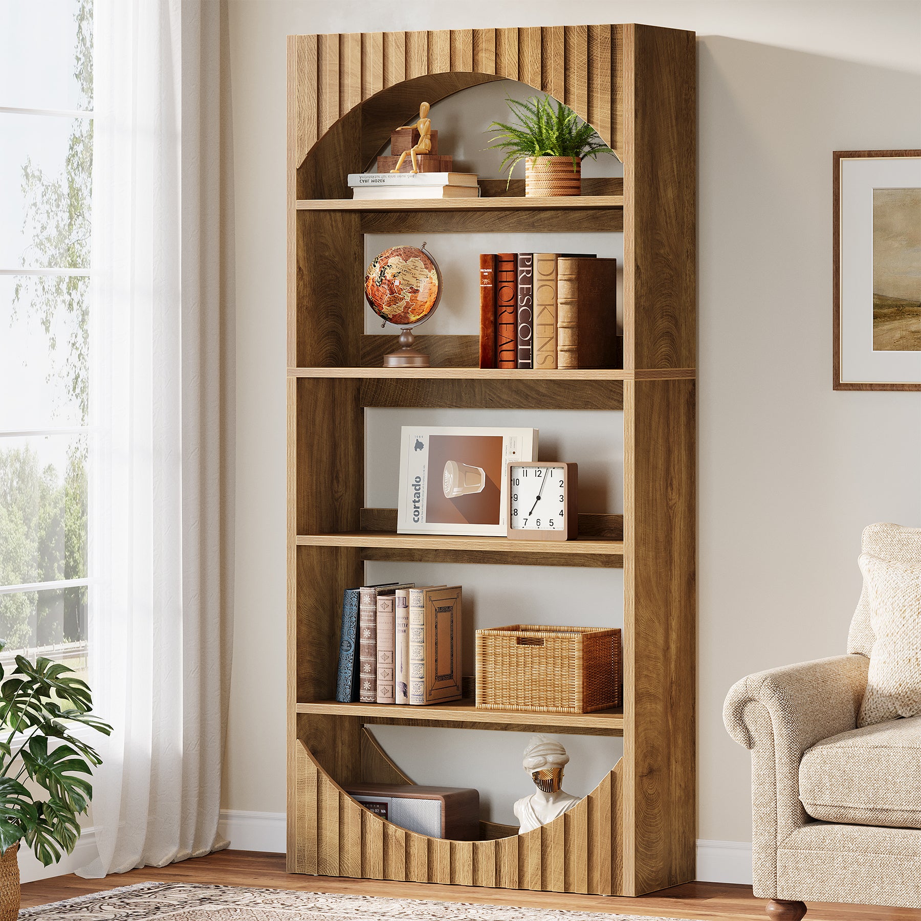 5-Tier Bookshelf, 71" Bookcase with Fluted Arched Top and Back Baffle ...