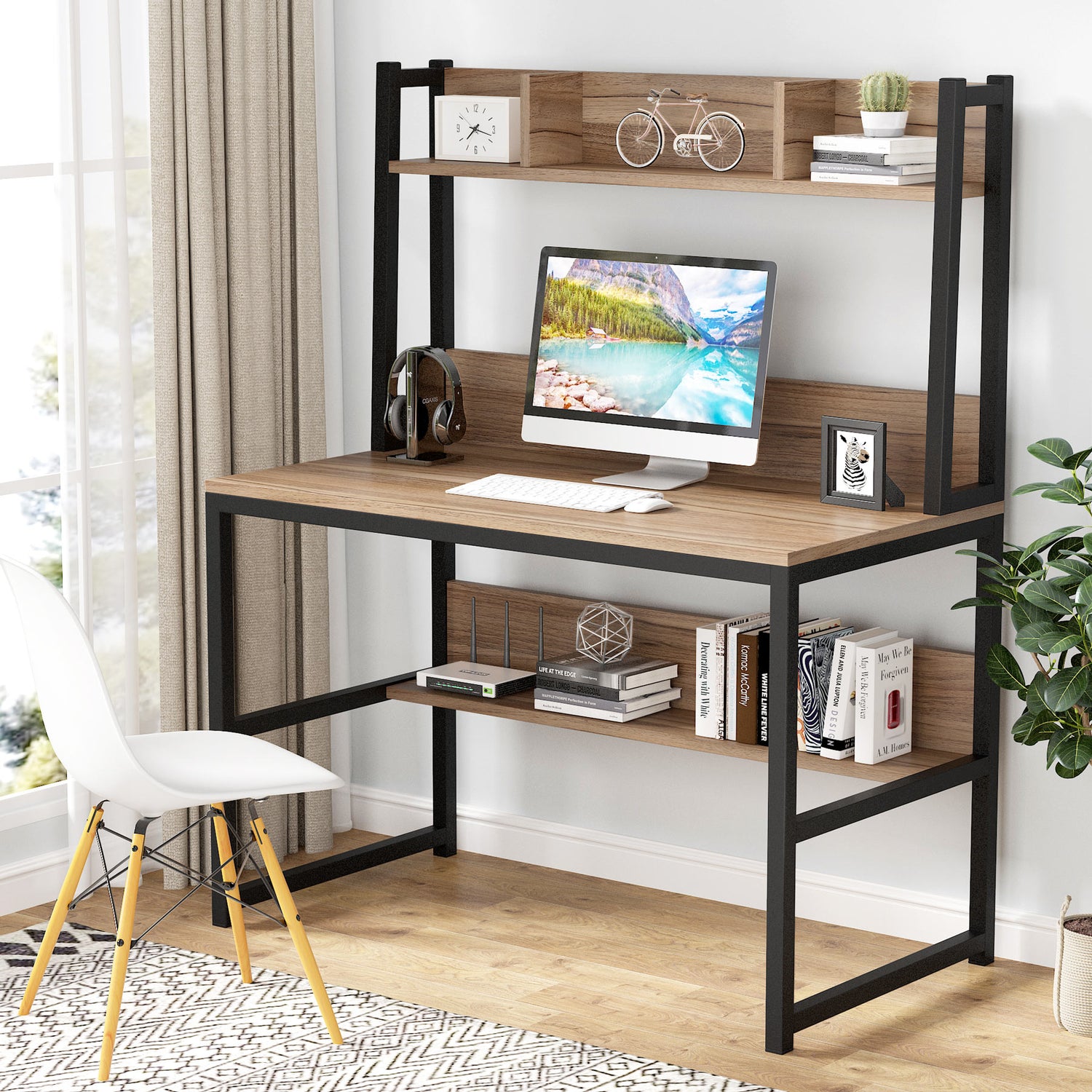 Tribesigns 55" Tall Computer Desk with Hutch and Storage Shelves-Tribesigns