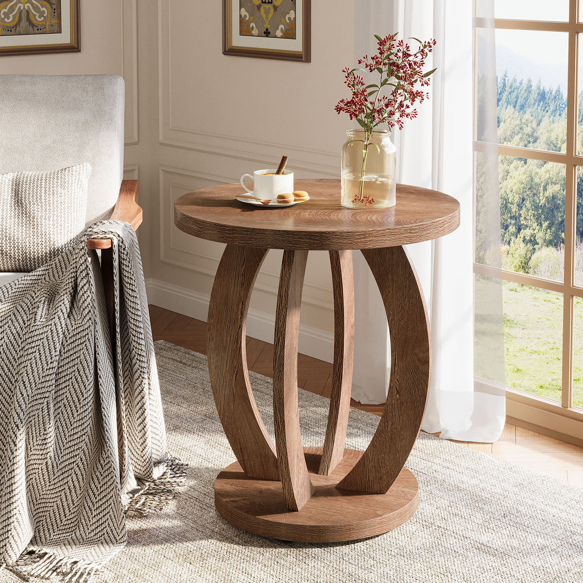 Round End Table, Accent Side Table with Storage for Small Space-Tribesigns