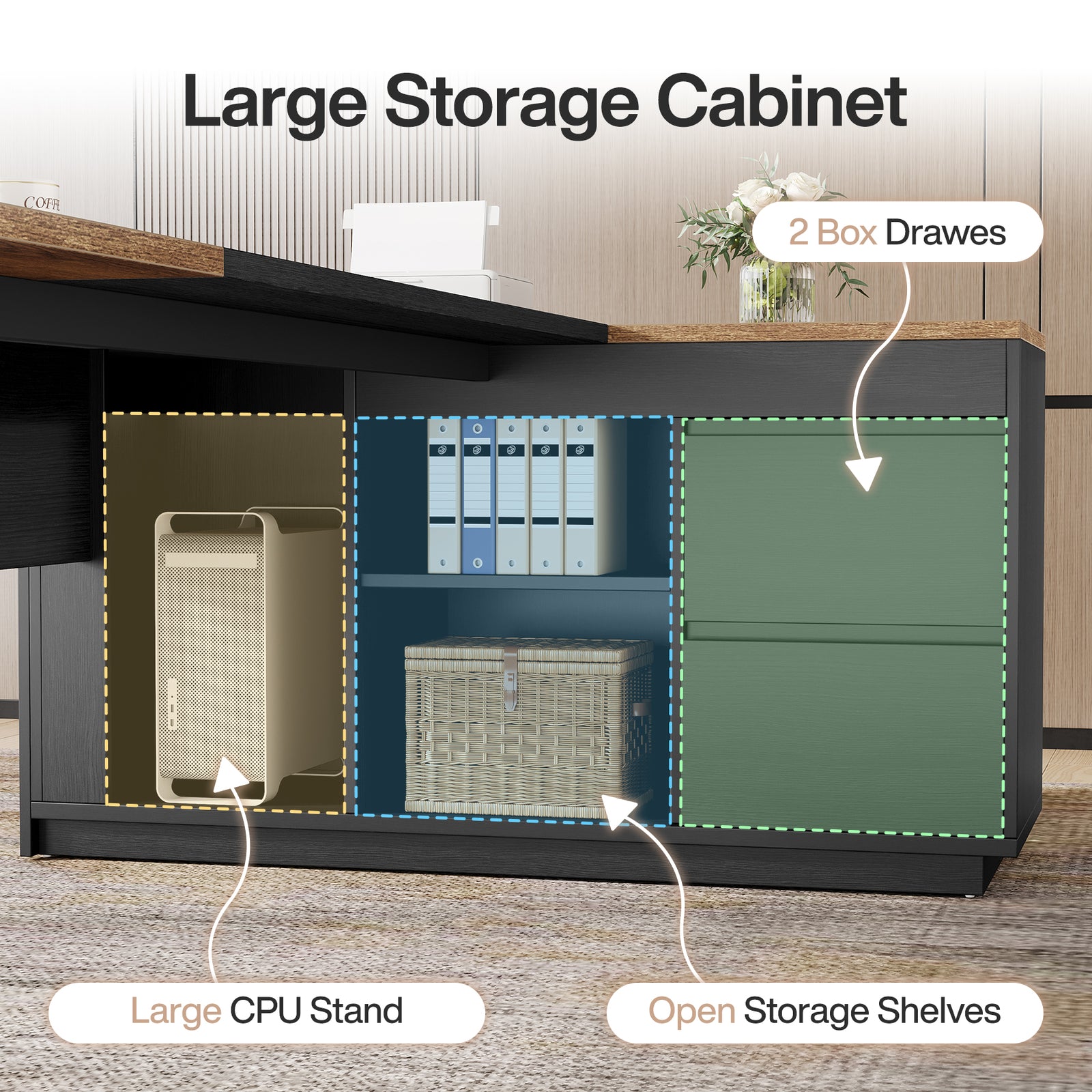 78.7" L-Shaped Executive Computer Desk with Cabinet and Shelves-Tribesigns