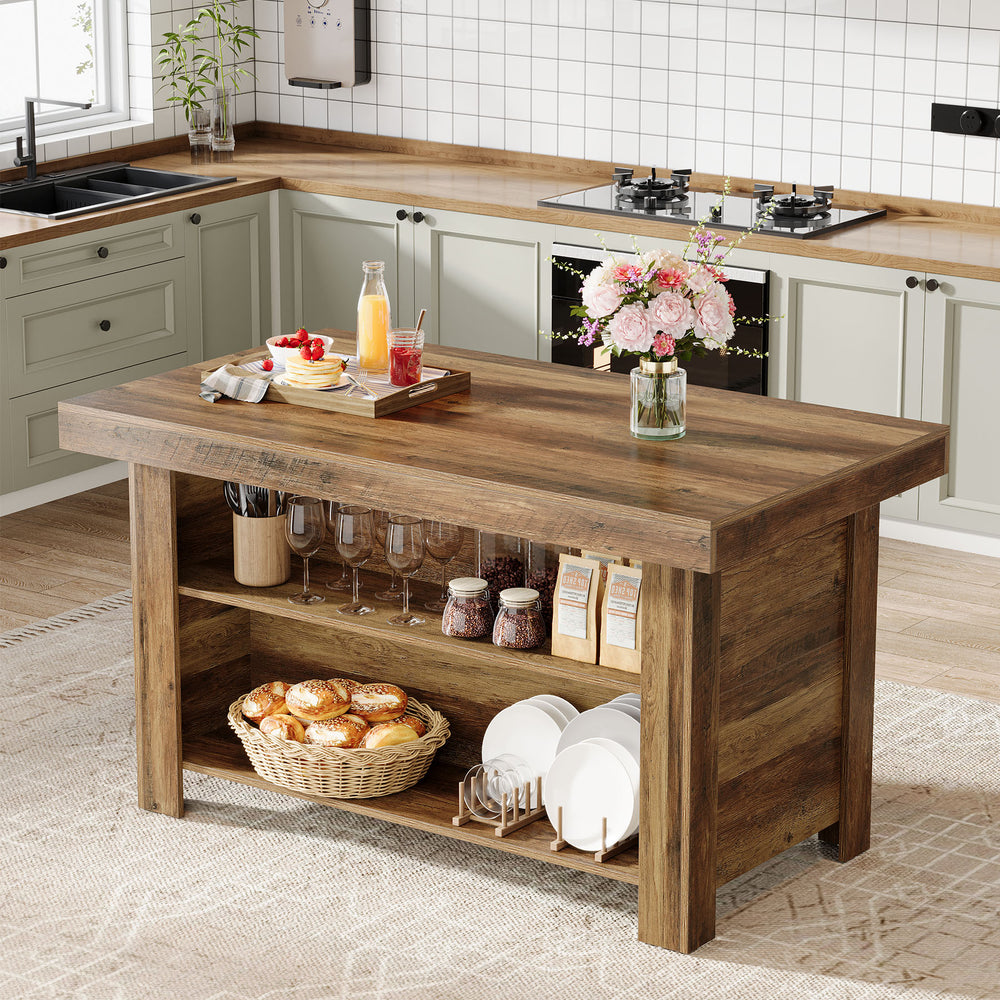 55" Kitchen Island, 3-Tier Island Table Counter Height Bar Table-Tribesigns
