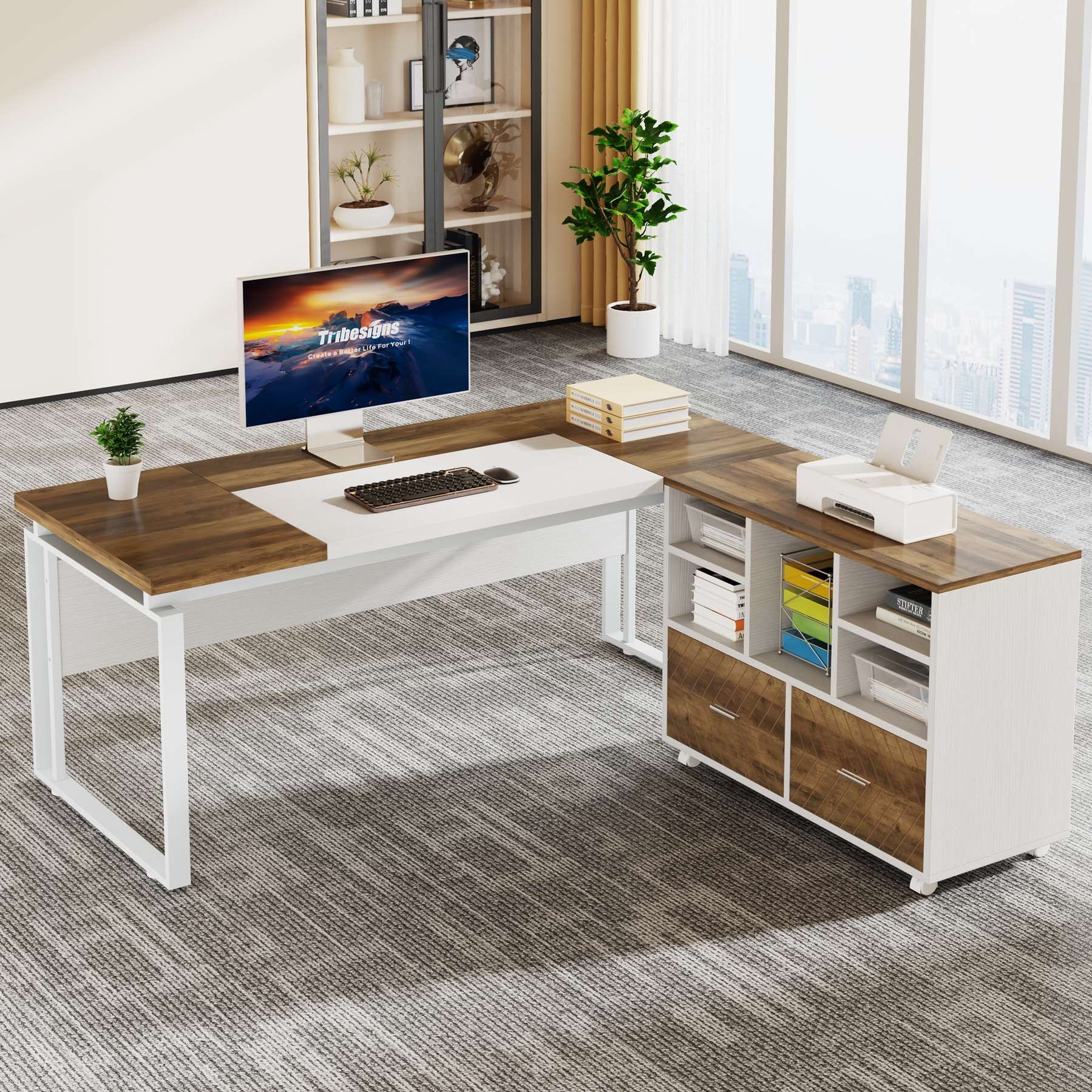 Tribesigns L-Shaped Executive Desk with Mobile File Cabinet