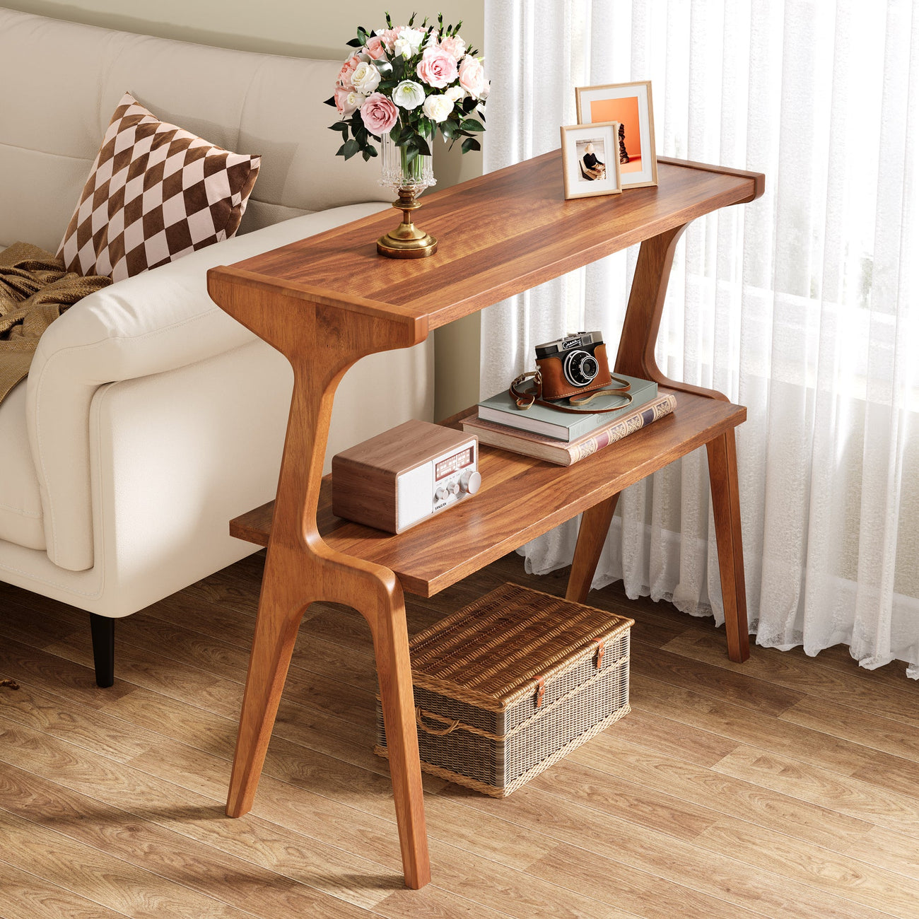 Solid Wood End Table, Two Tier Side Table with Shelf-Tribesigns