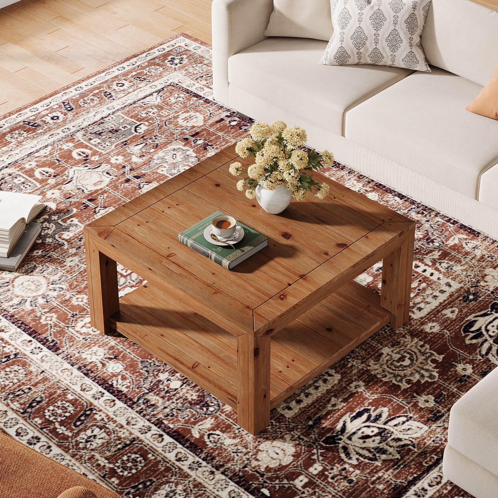 31.5" Solid Wood Coffee Table, Square Center Table with 2-Tier Shelf ...