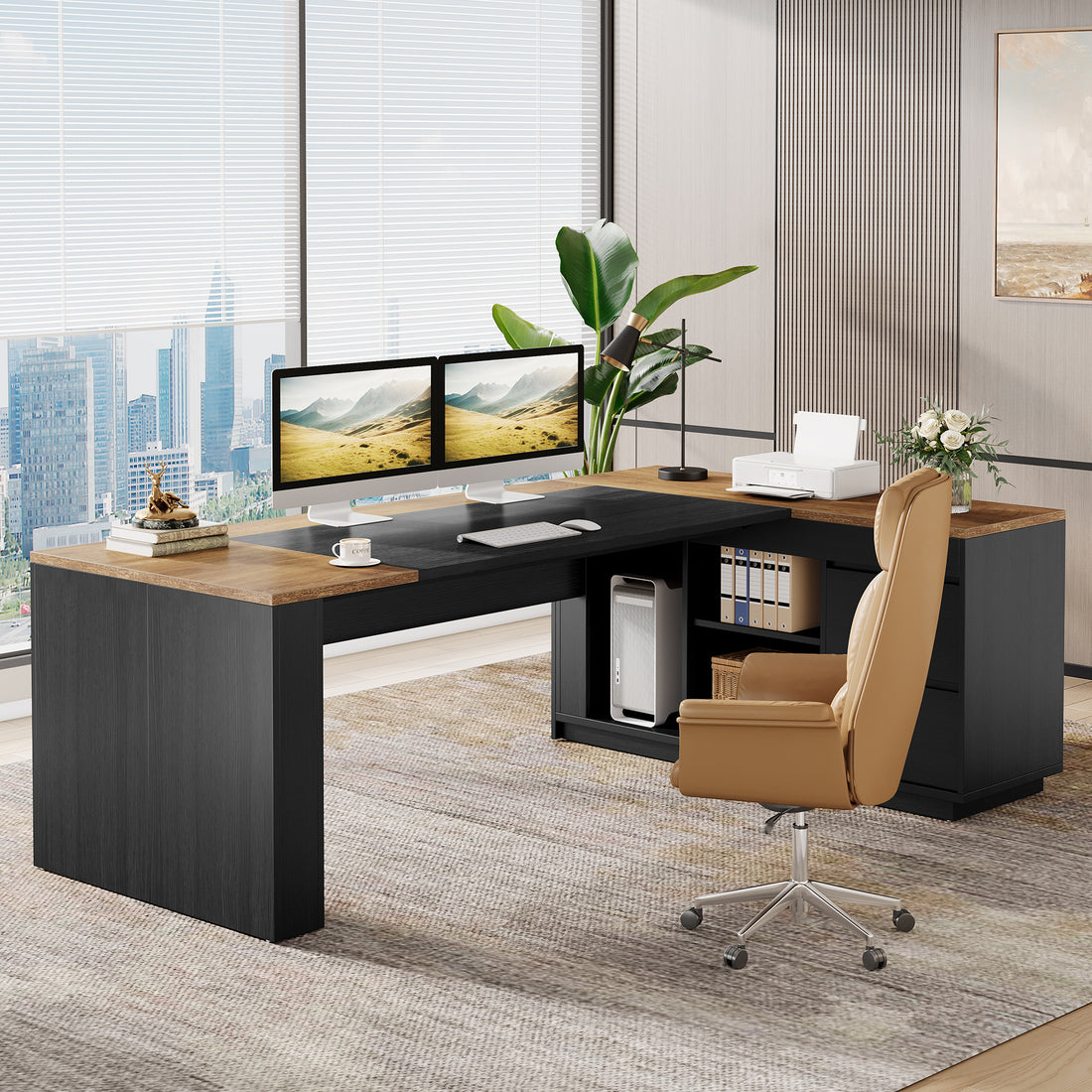 78.7" L-Shaped Executive Computer Desk with Cabinet and Shelves-Tribesigns