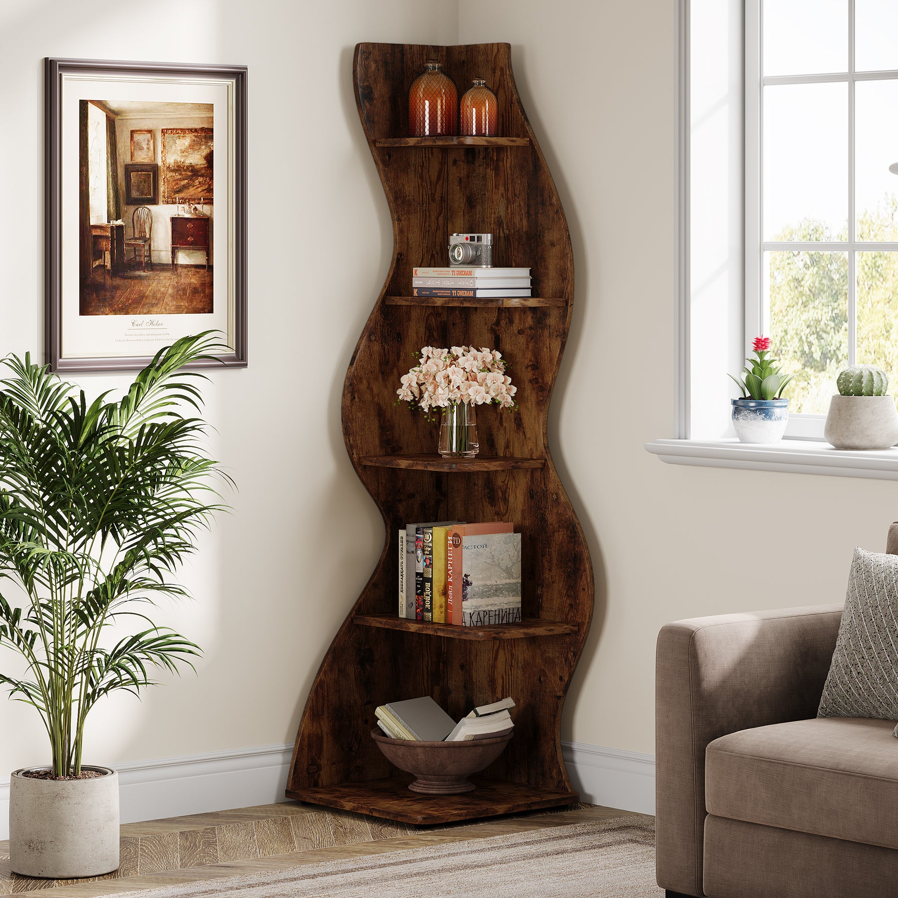 Wavy Corner Shelf, 5-Tier Bookshelf Bookcase Display Rack-Tribesigns