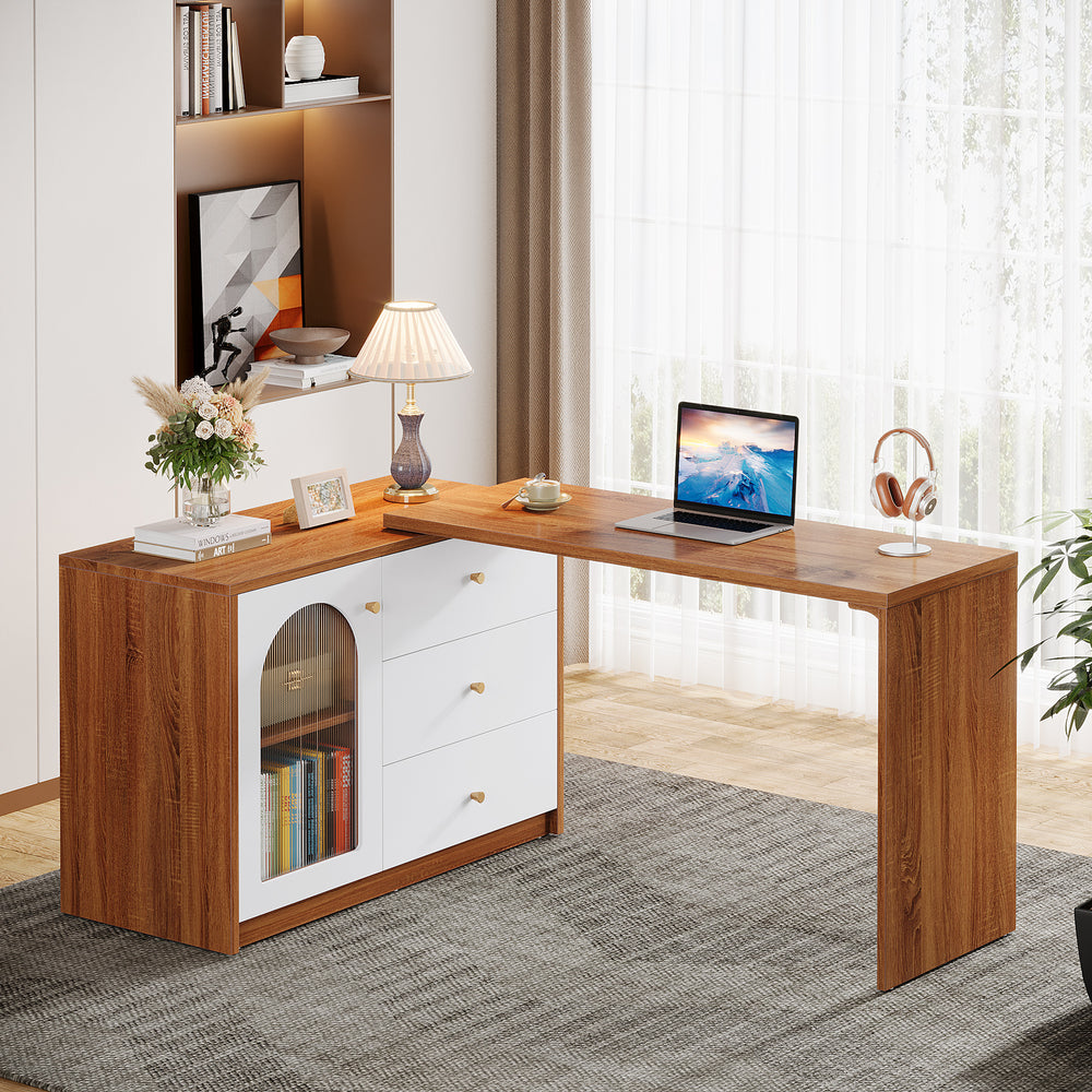 Desk with Filing Cabinet Drawer, Reversible L-Shaped Desk-Tribesigns