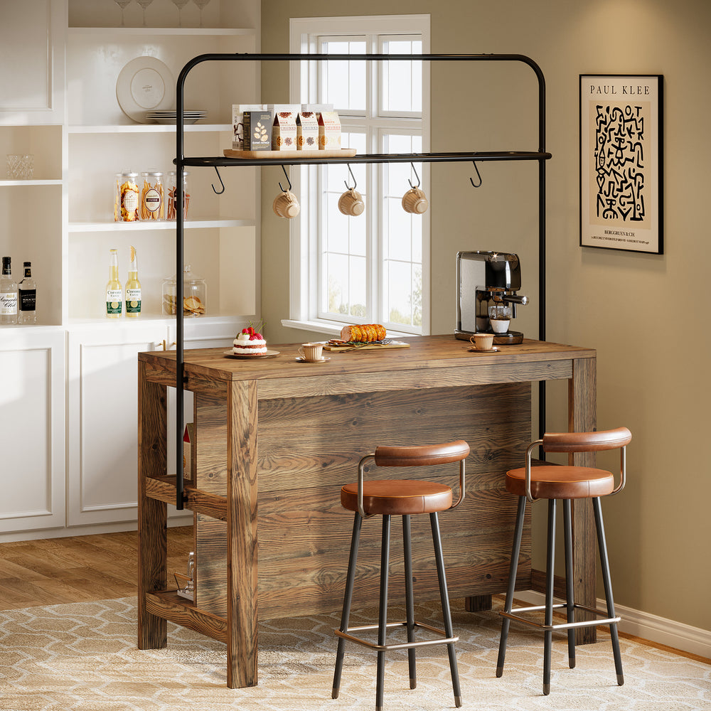 47" Solid Wood Bar Table, 3-Tier Home Bar Unit with Shelves & 5 Hooks ...
