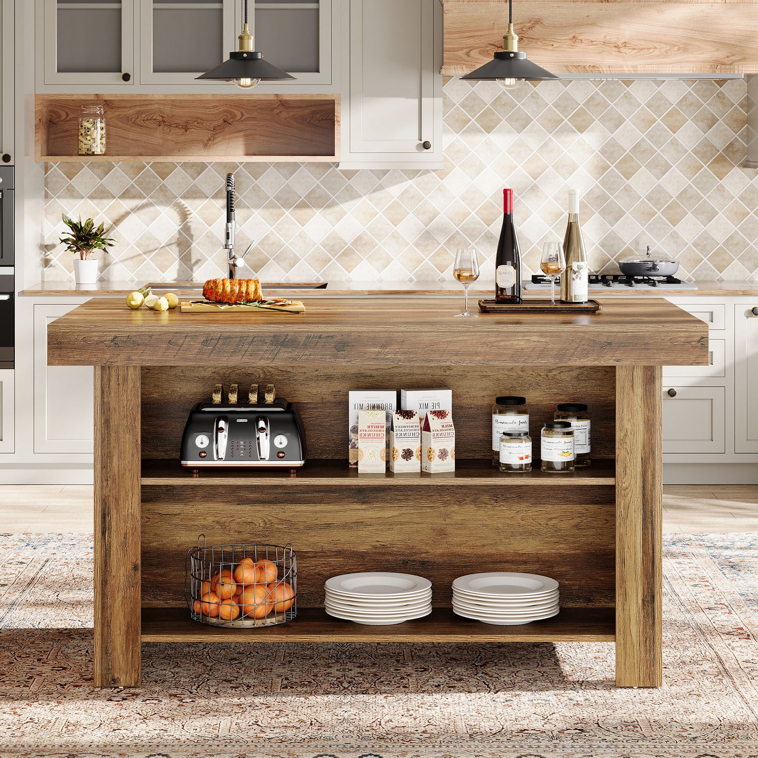 55" Kitchen Island, 3-Tier Island Table Counter Height Bar Table-Tribesigns