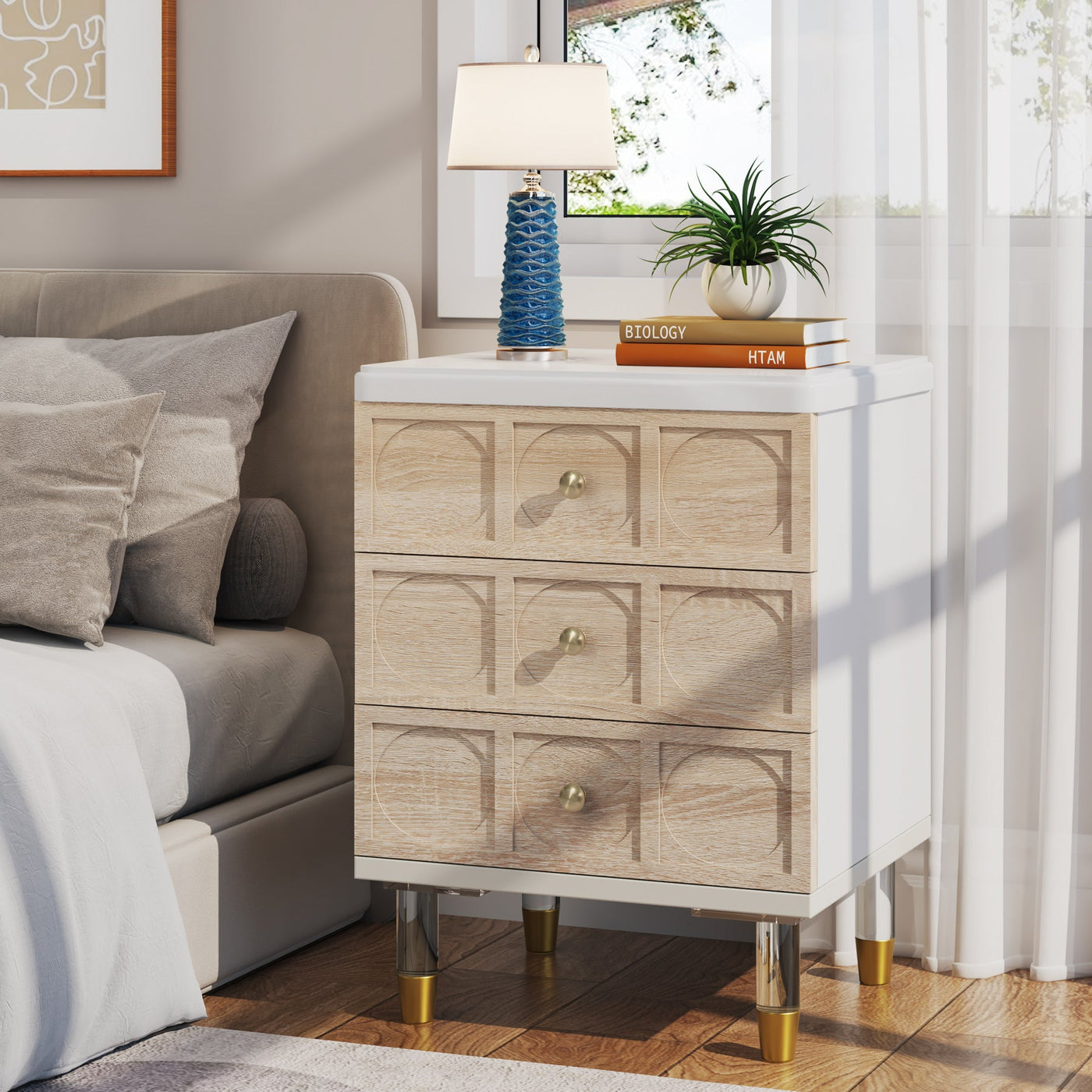 Tribesigns Nightstand, 3-Drawer Bedside Table with Acrylic Metal Legs ...