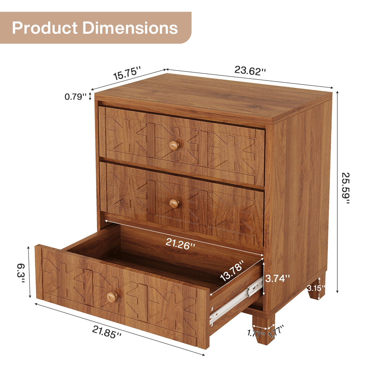 3-Drawer Nightstand, Farmhouse Bedside Table with Elegant Patterns ...