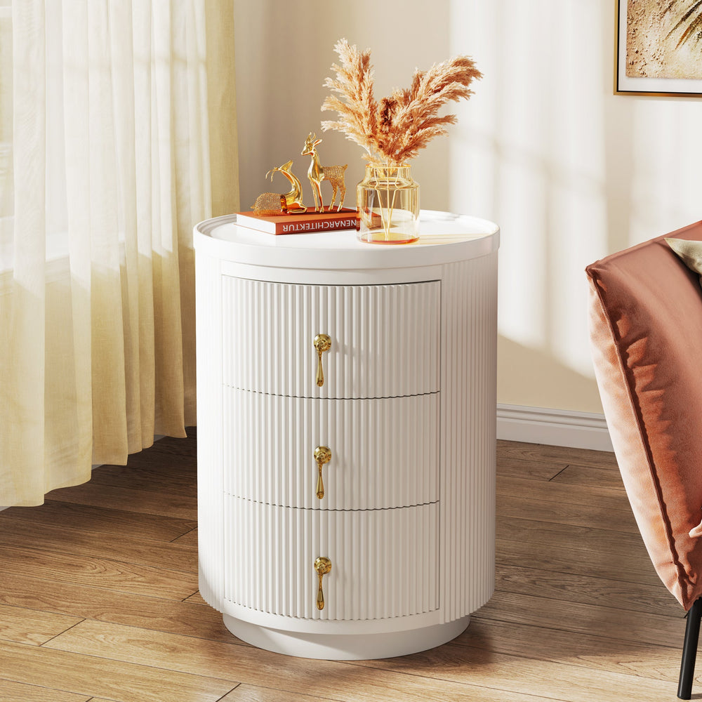 Round Nightstand with Drawer, White Side Table for Bedroom-Tribesigns
