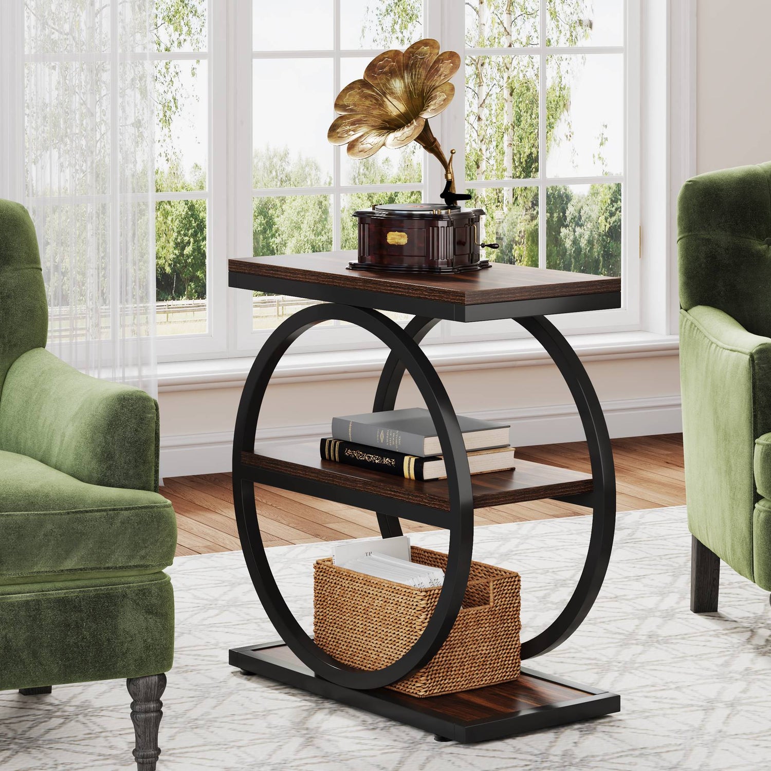 3-Tier Side Table, Industrial Sofa Table with Round Metal Frame-Tribesigns