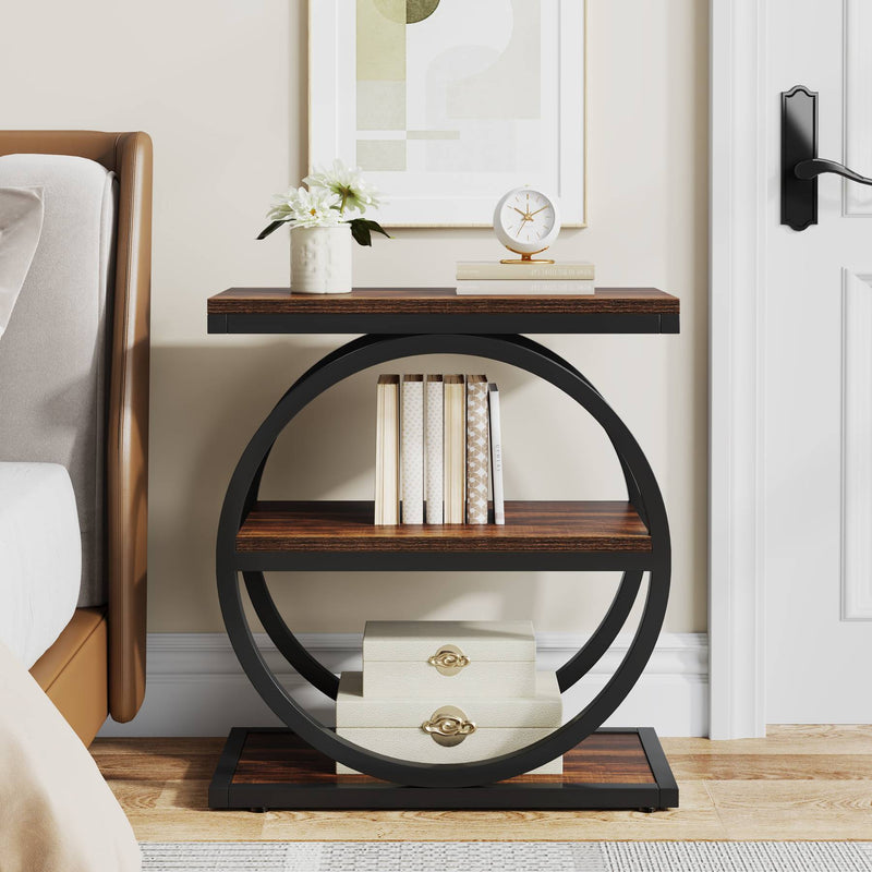 3-Tier Side Table, Industrial Sofa Table with Round Metal Frame-Tribesigns