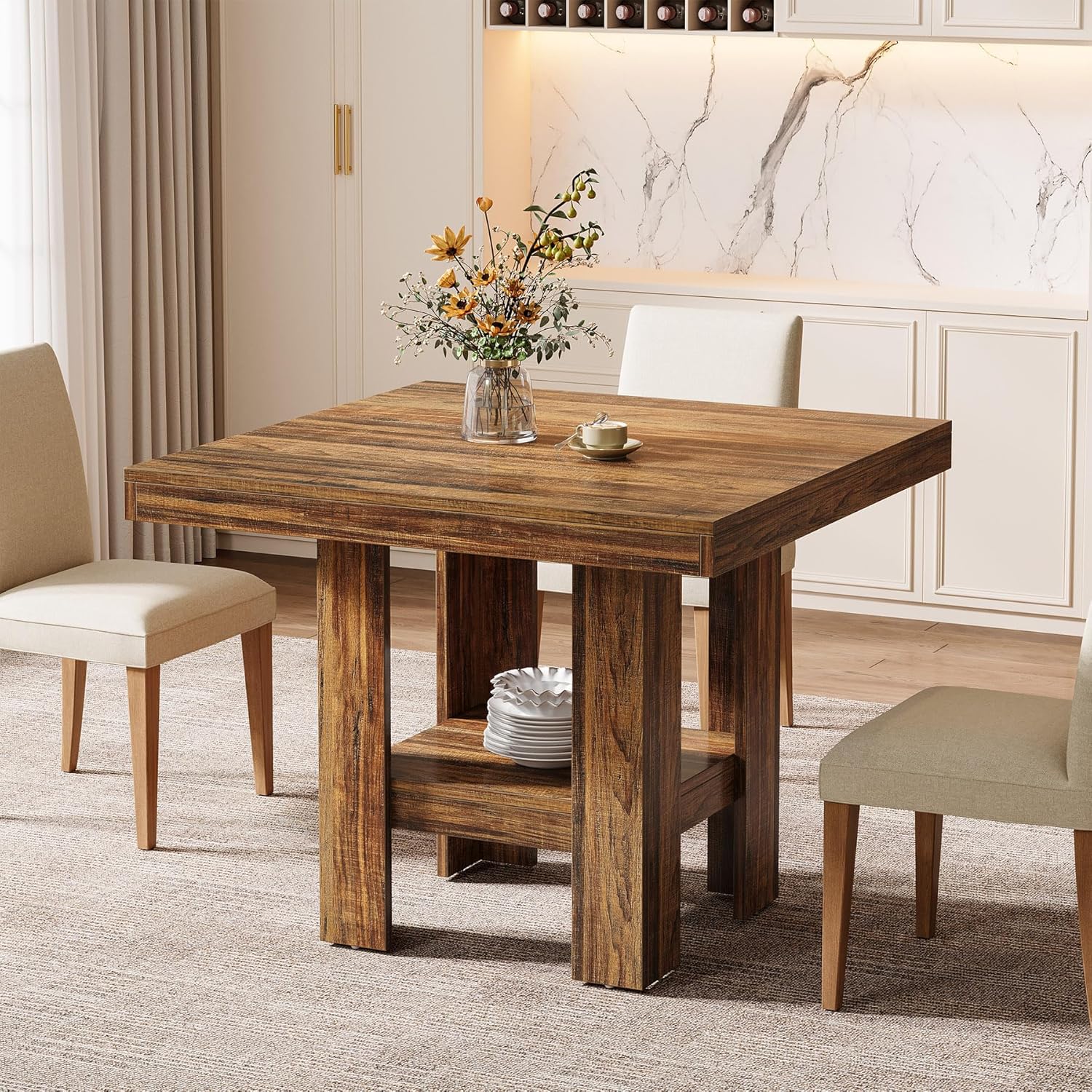 31.5" Dining Table, Square Kitchen Table with Shelf Storage for 4 ...