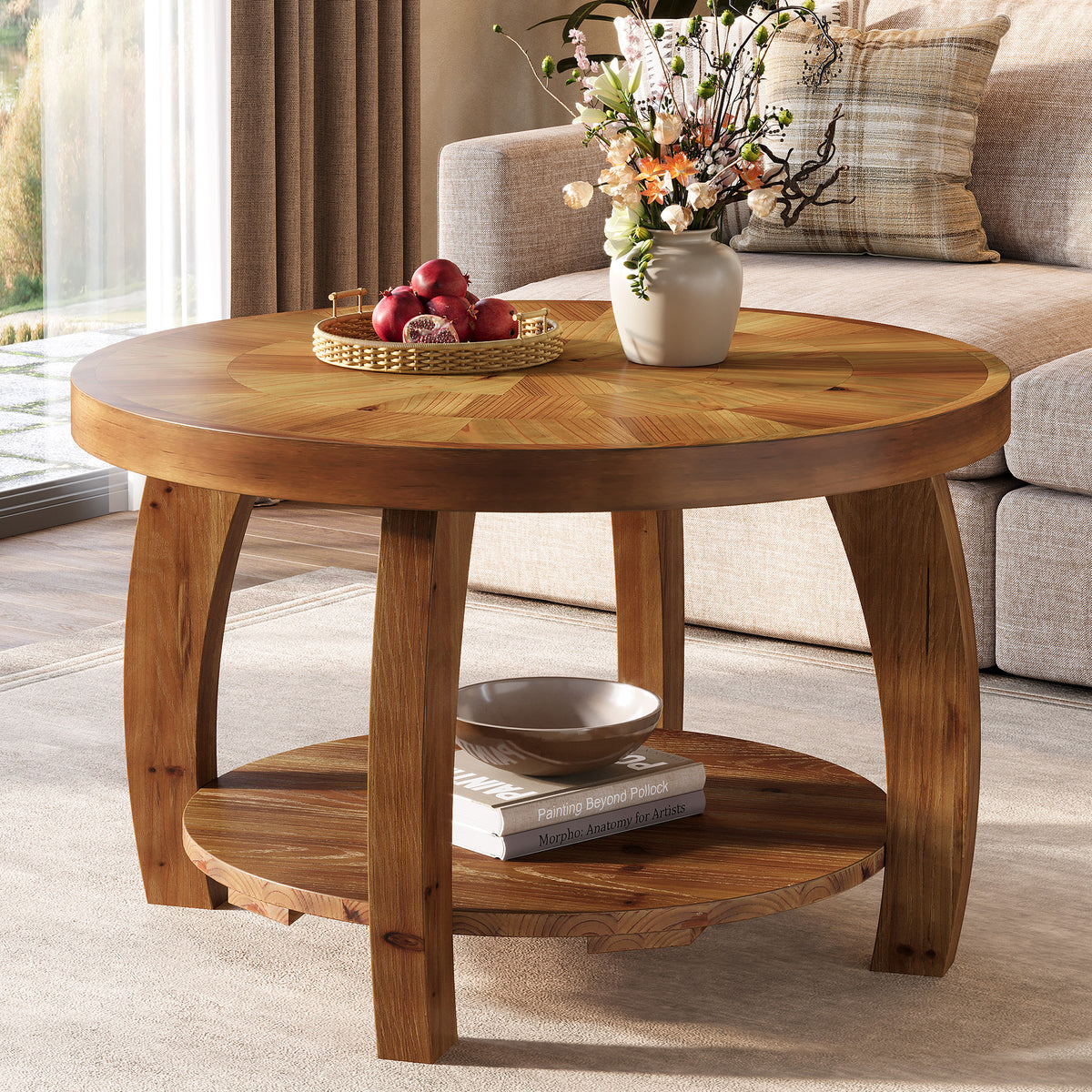 31.5" Coffee Table, 2-Tier Solid Wood Center Table with Mosaic Pattern ...