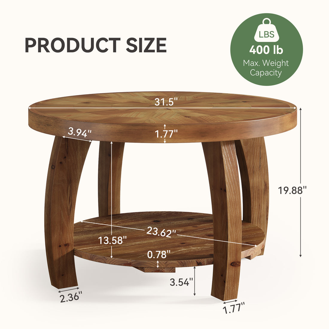 31.5" Coffee Table, 2-Tier Solid Wood Center Table with Mosaic Pattern ...