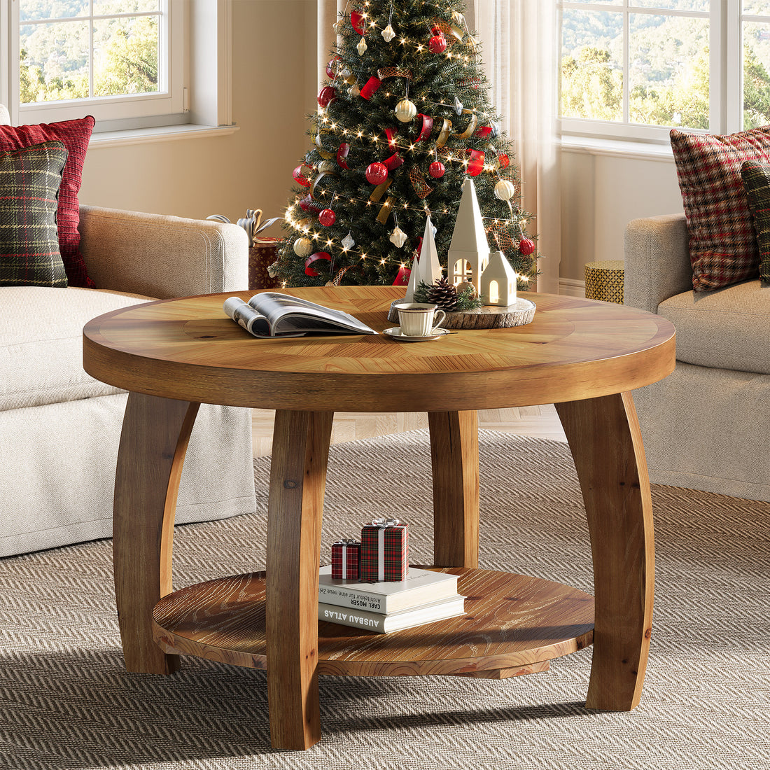 31.5" Coffee Table, 2-Tier Solid Wood Center Table with Mosaic Pattern ...