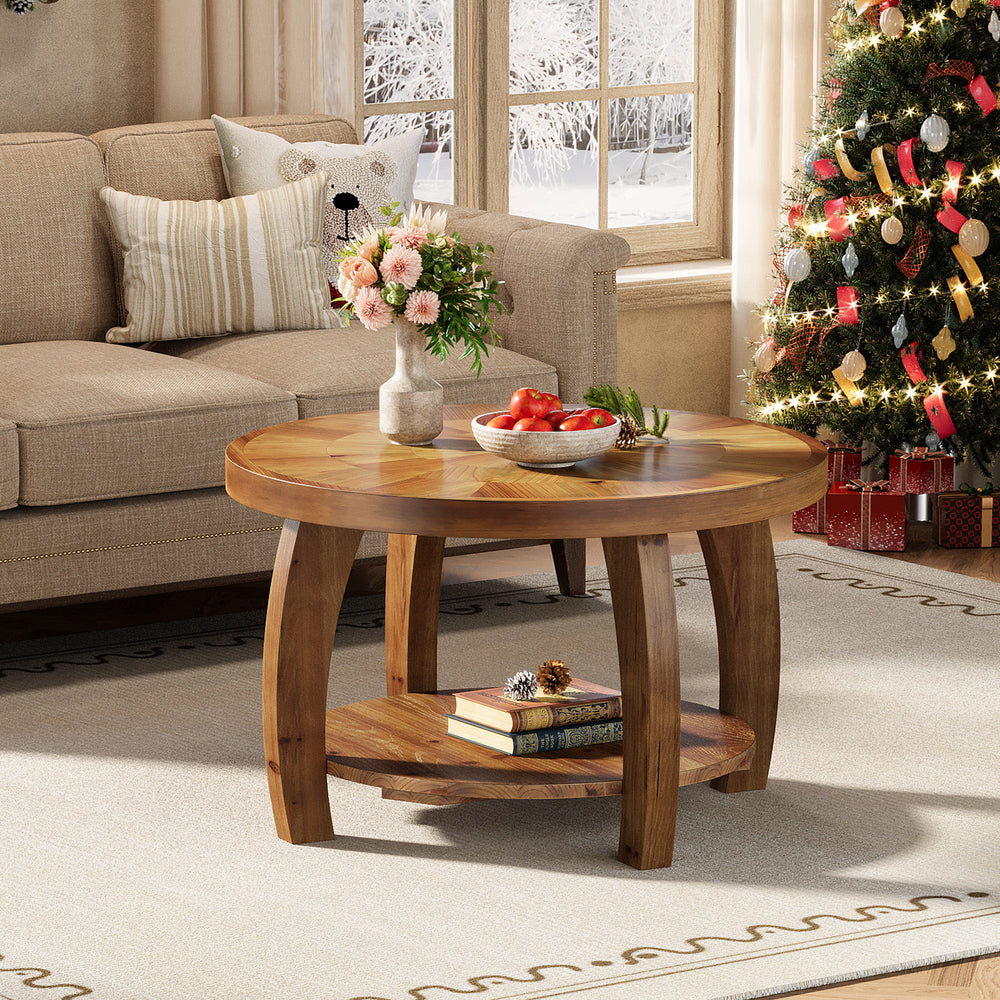 31.5" Coffee Table, 2-Tier Solid Wood Center Table with Mosaic Pattern ...