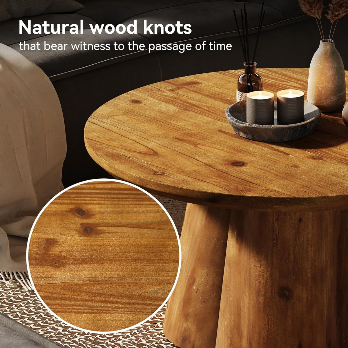 31.5" Round Coffee Table, Farmhouse Solid Wood Center Tea Table-Tribesigns