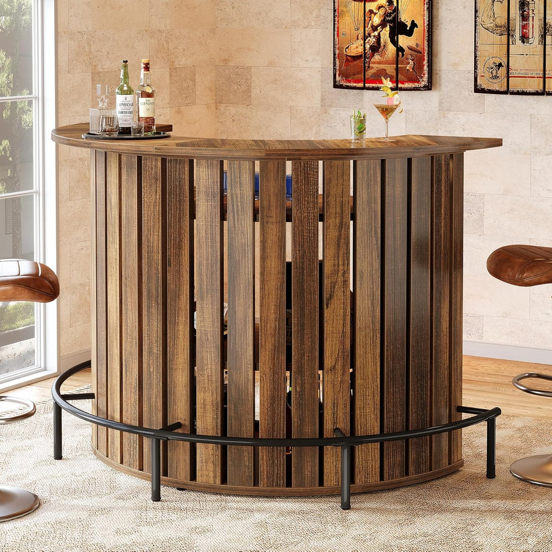 39.4" Bar Table, 4-Tier Arc-Shaped Wine Bar Cabinet with Footrest ...