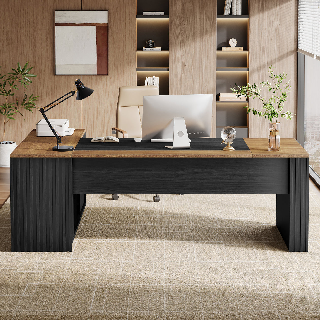 78.7" L-Shaped Executive Computer Desk with Cabinet and Shelves-Tribesigns