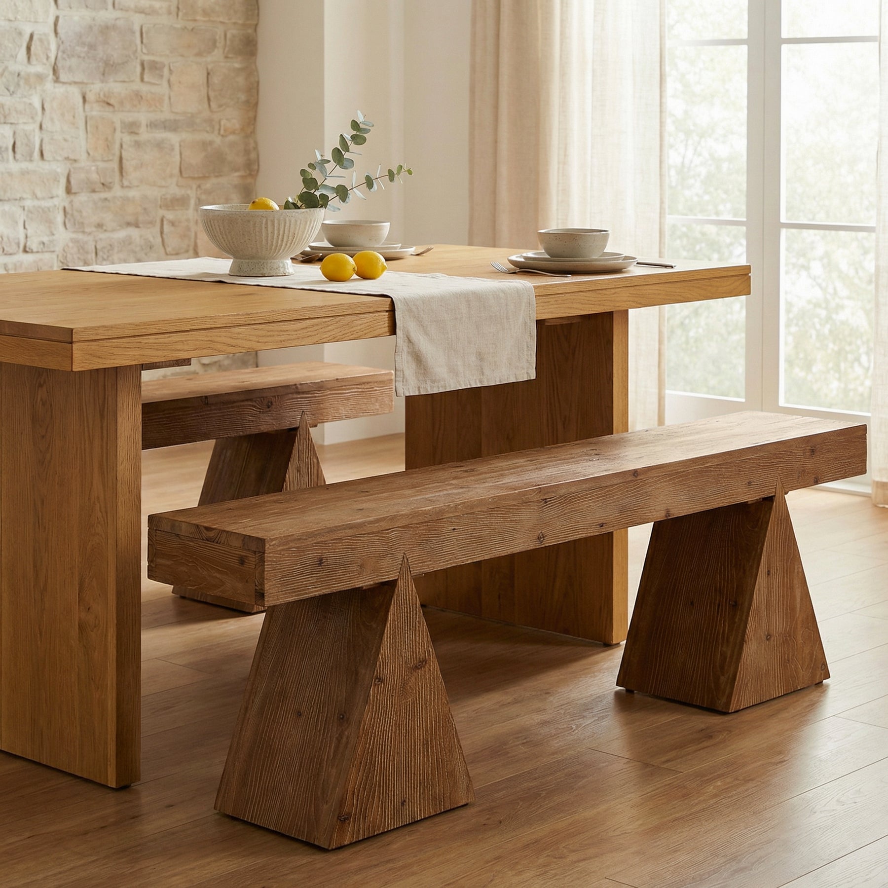 Solid Wood Dining Bench, 63" Entryway Benches with Triangle Base-Tribesigns