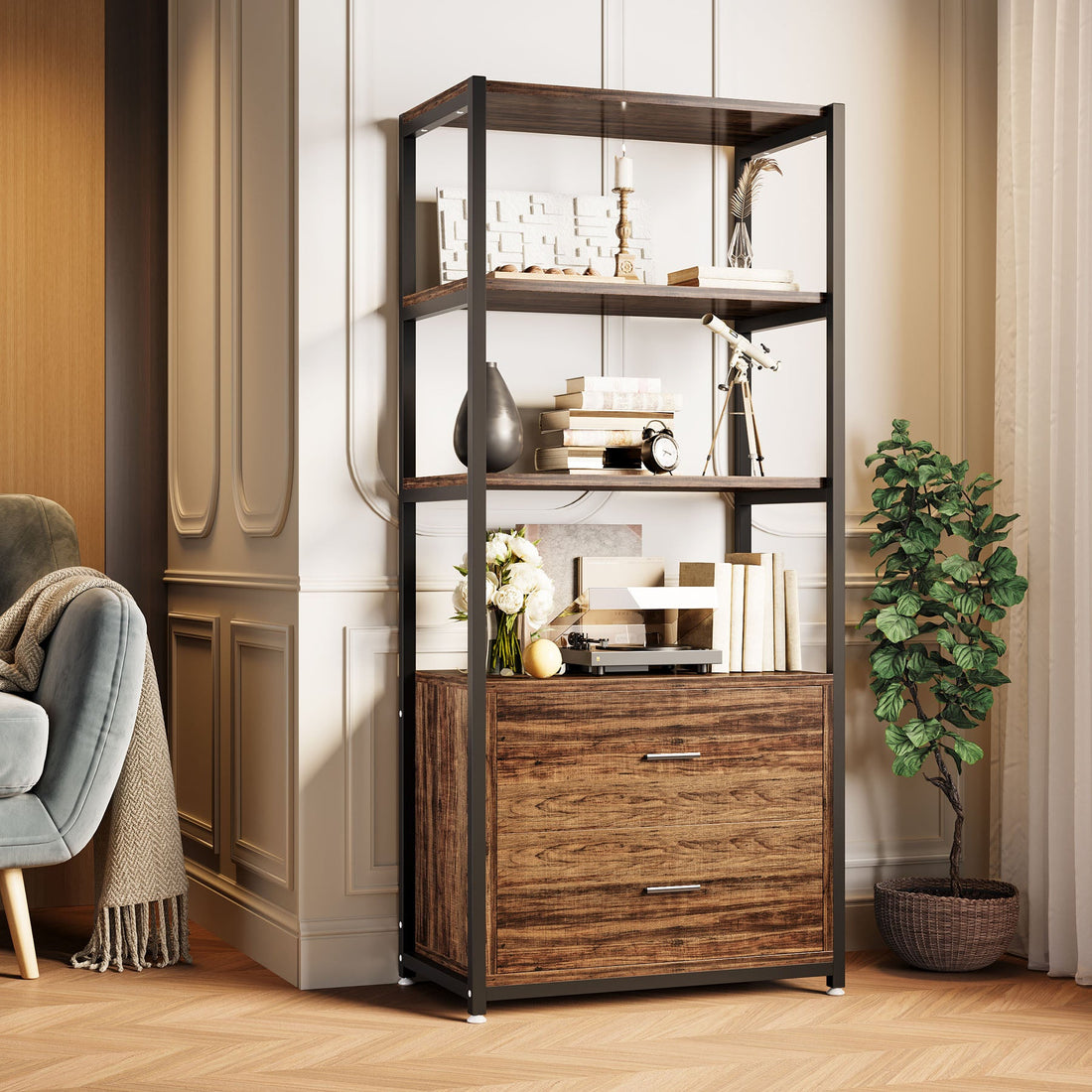 Tribesigns Bookshelf, 4 Tier Etagere Display Bookcase with 2 Drawers ...