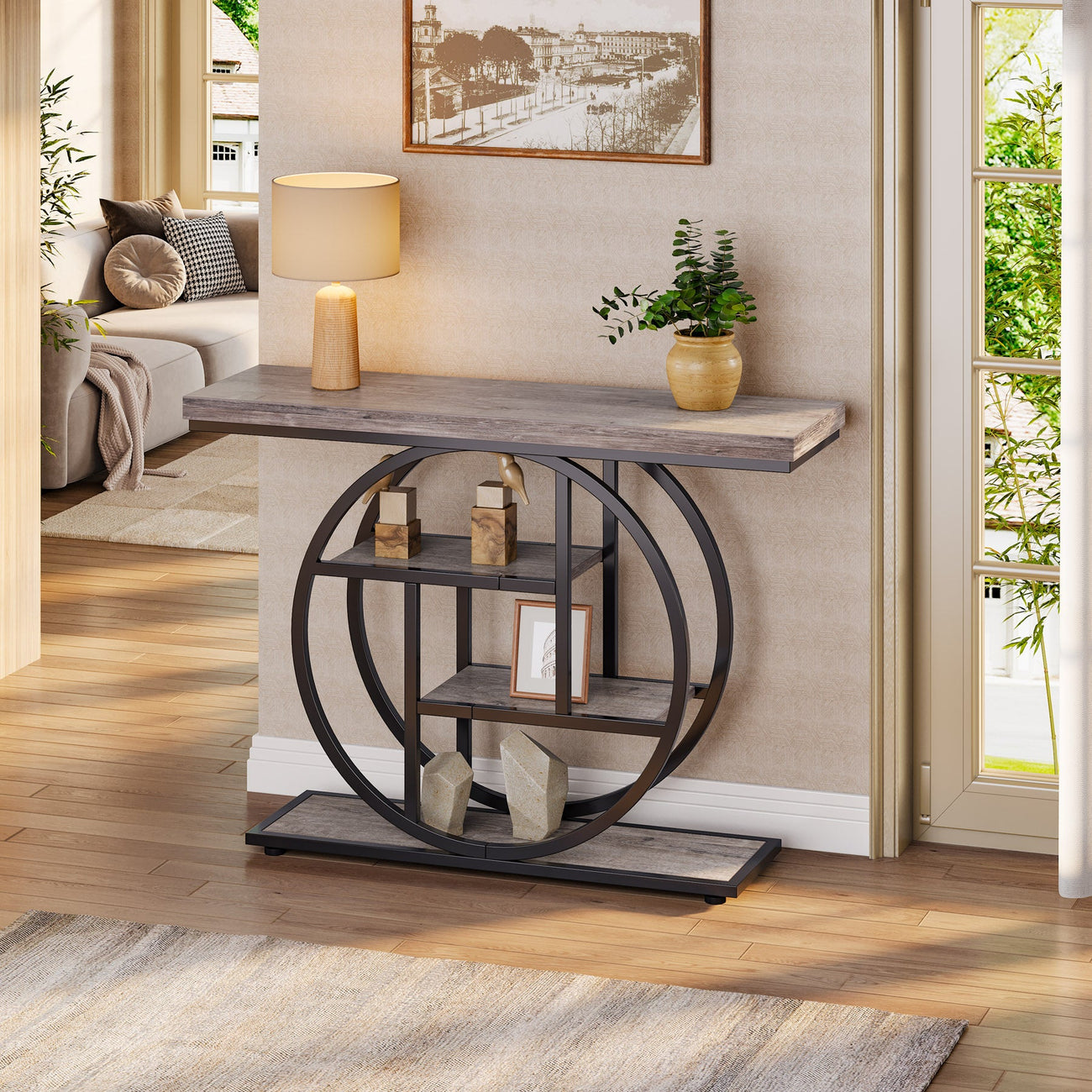 Console Table with Circular Base, Unique Entryway Tables-Tribesigns