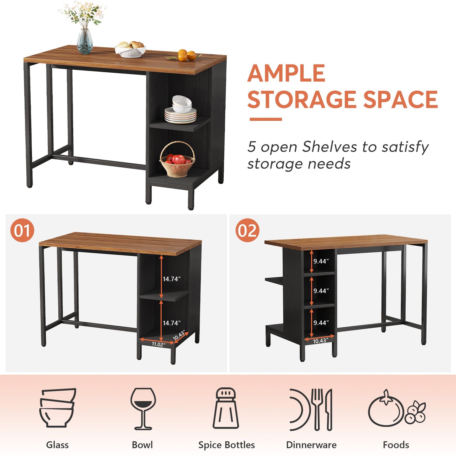 43" Kitchen Counter Table, Kitchen Island with Open Shelves-Tribesigns