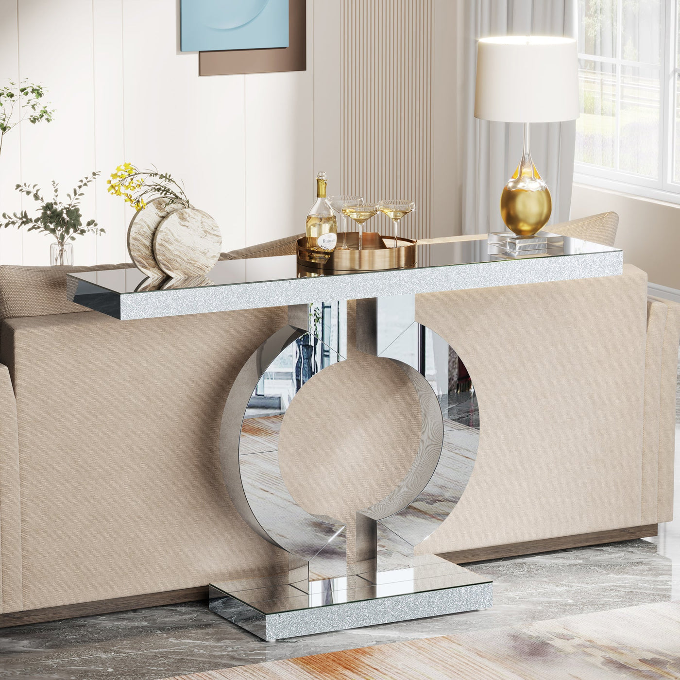 43" Mirrored Console Table, Modern Silver Sofa Table with O-Shaped Bas ...