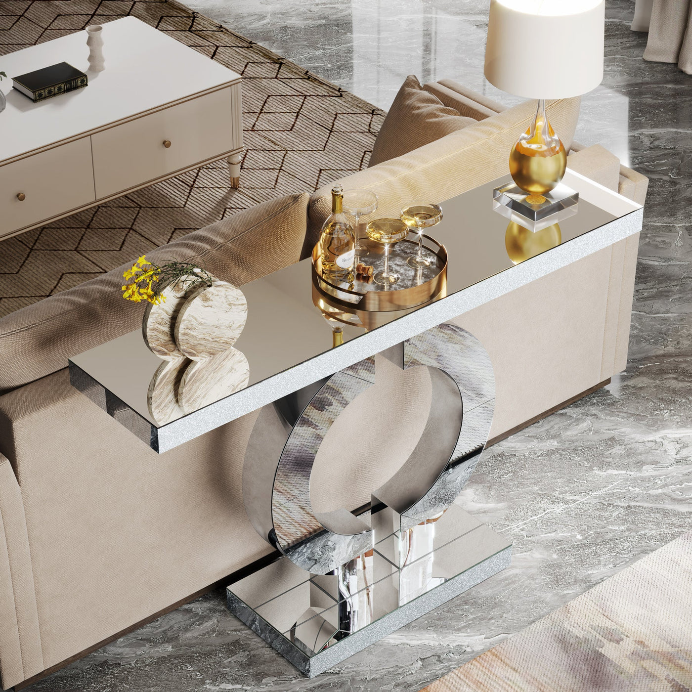 43" Mirrored Console Table, Modern Silver Sofa Table with O-Shaped Bas ...