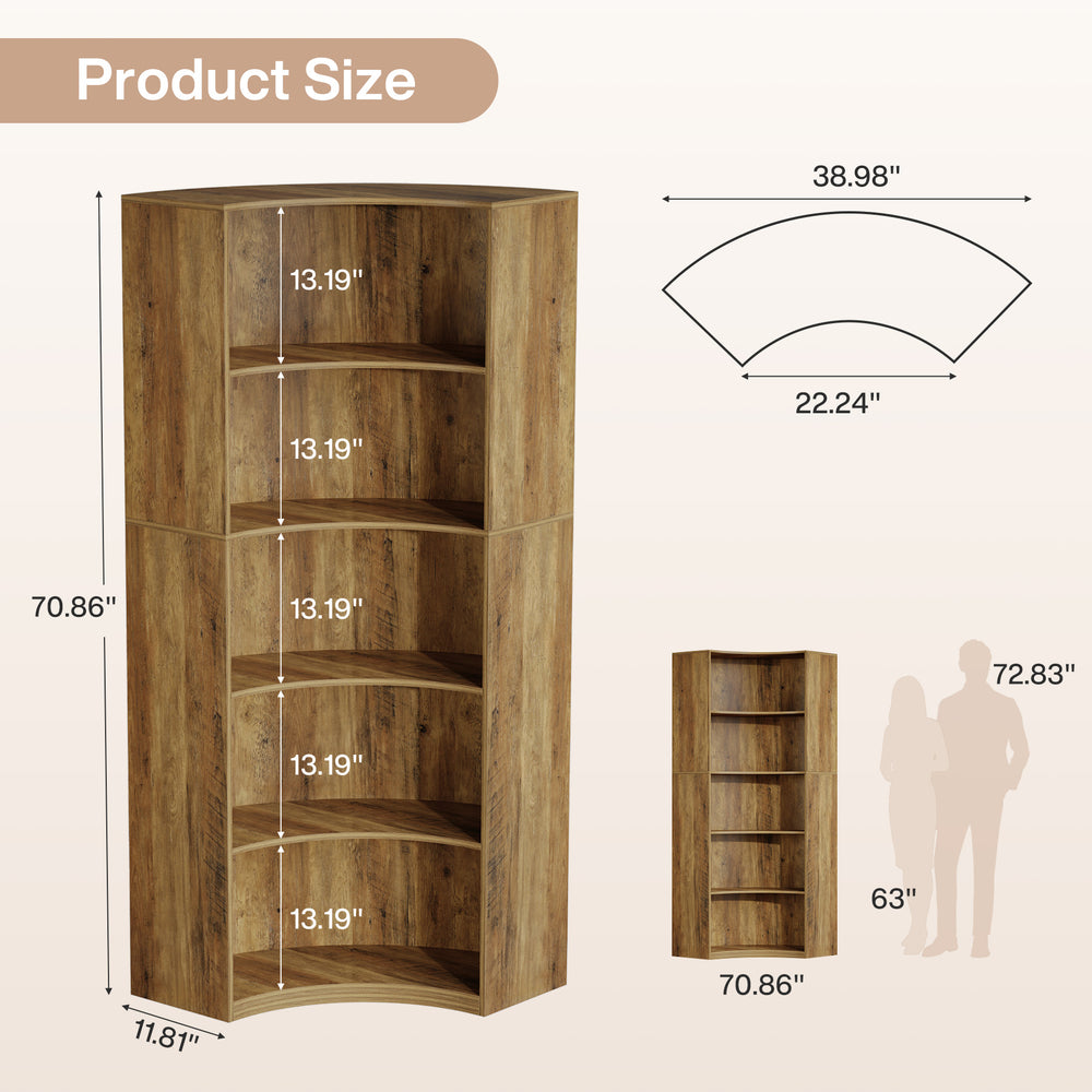 6-Tier Corner Bookshelf, 70.9" Tall Corner Bookcase with Curved Edges ...