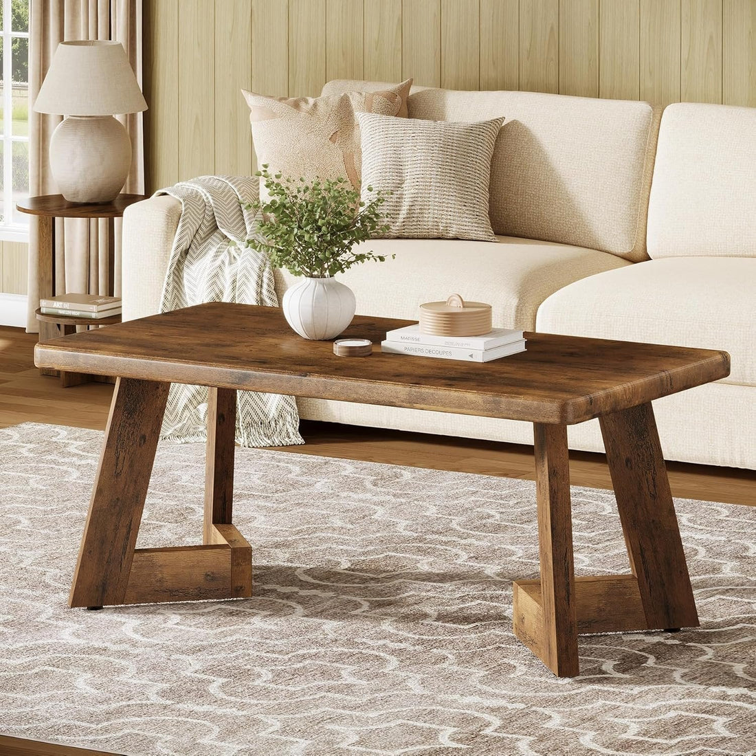 47.2" Coffee Table, Farmhouse Center Table with V-Shaped Legs-Tribesigns