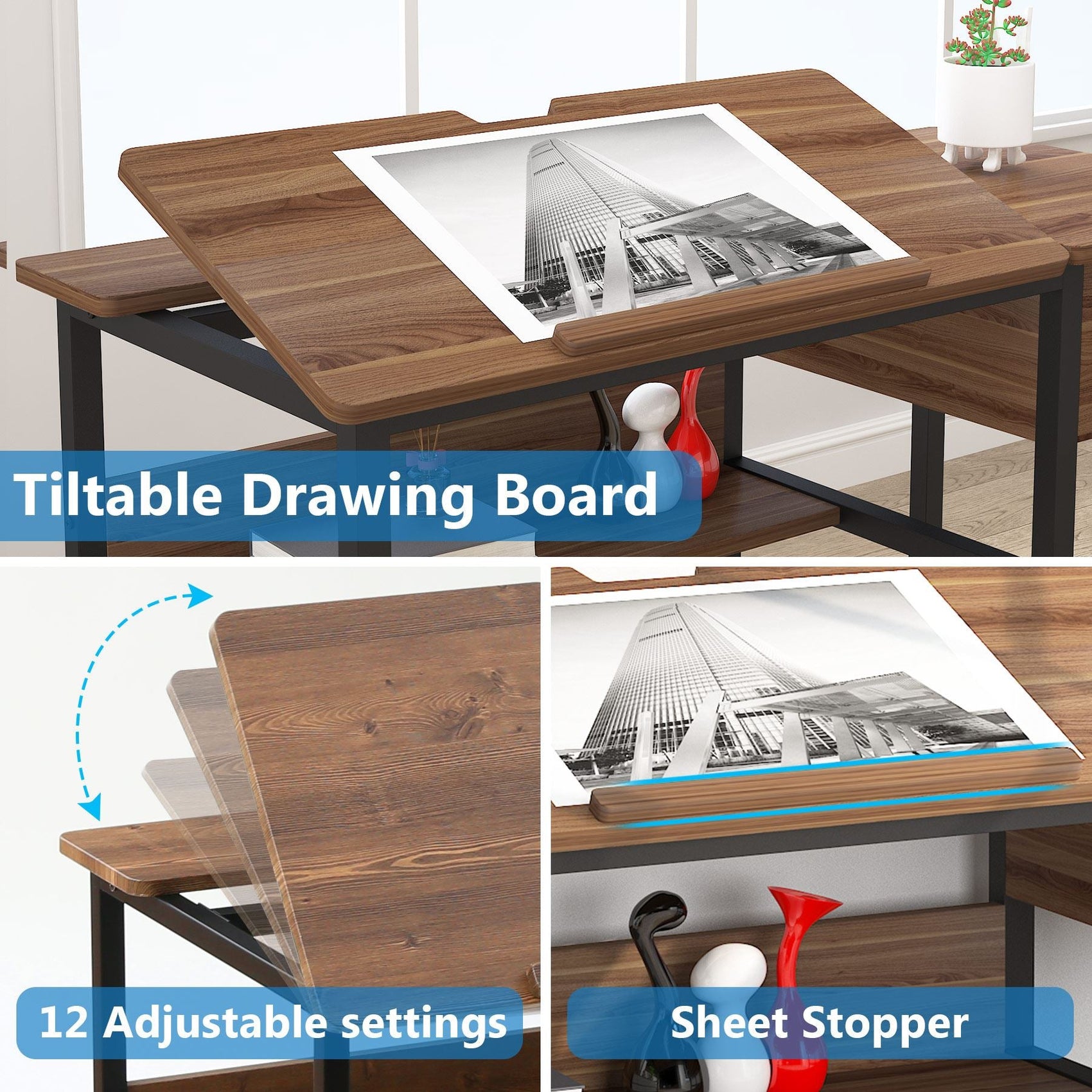 47.2" Drafting Table and Desk with Storage, For Art and Work-Tribesigns