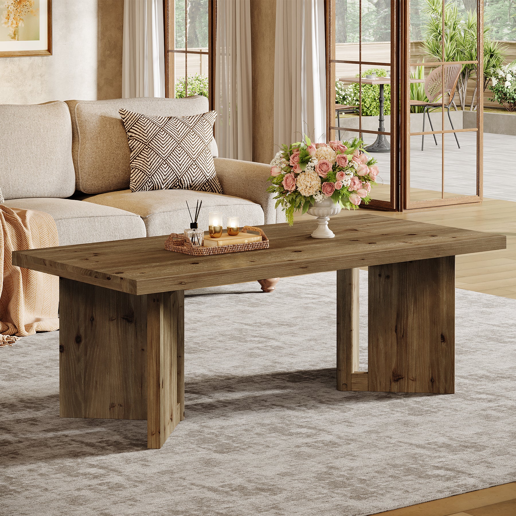 47" Wood Coffee Table, Farmhouse Center Table with Triangle Legs-Tribesigns