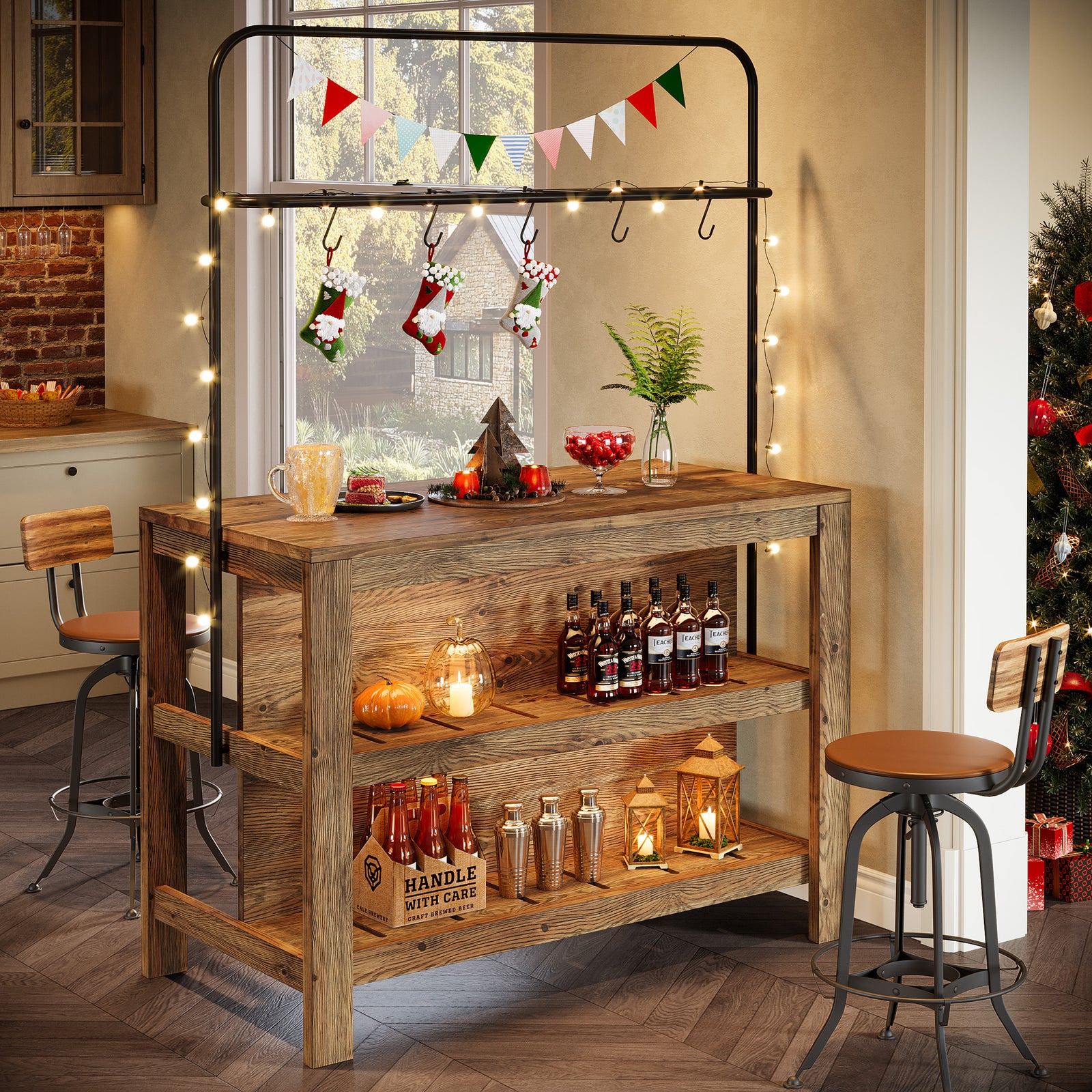 47" Solid Wood Bar Table, 3-Tier Home Bar Unit with Shelves & 5 Hooks ...