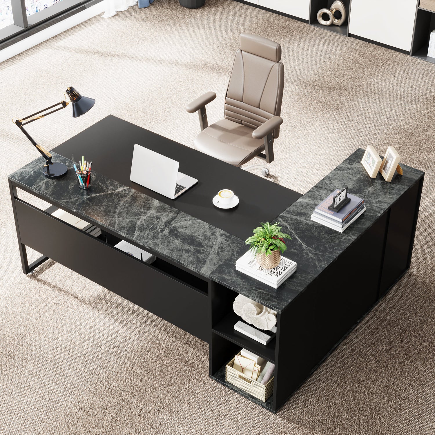 71 Inch Desk, L-shaped Executive Desk with Shelves & Cabinet-Tribesigns