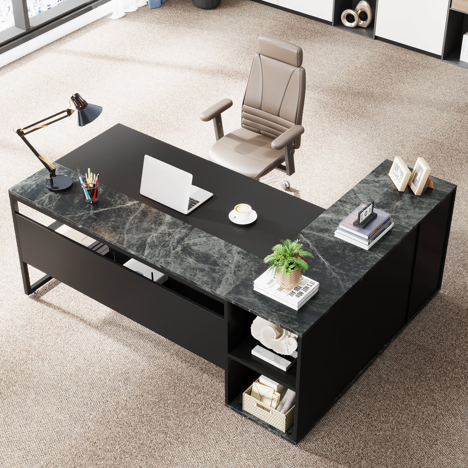 Tribesigns 71'' L-Shaped Executive Desk with Shelves & File Cabinet