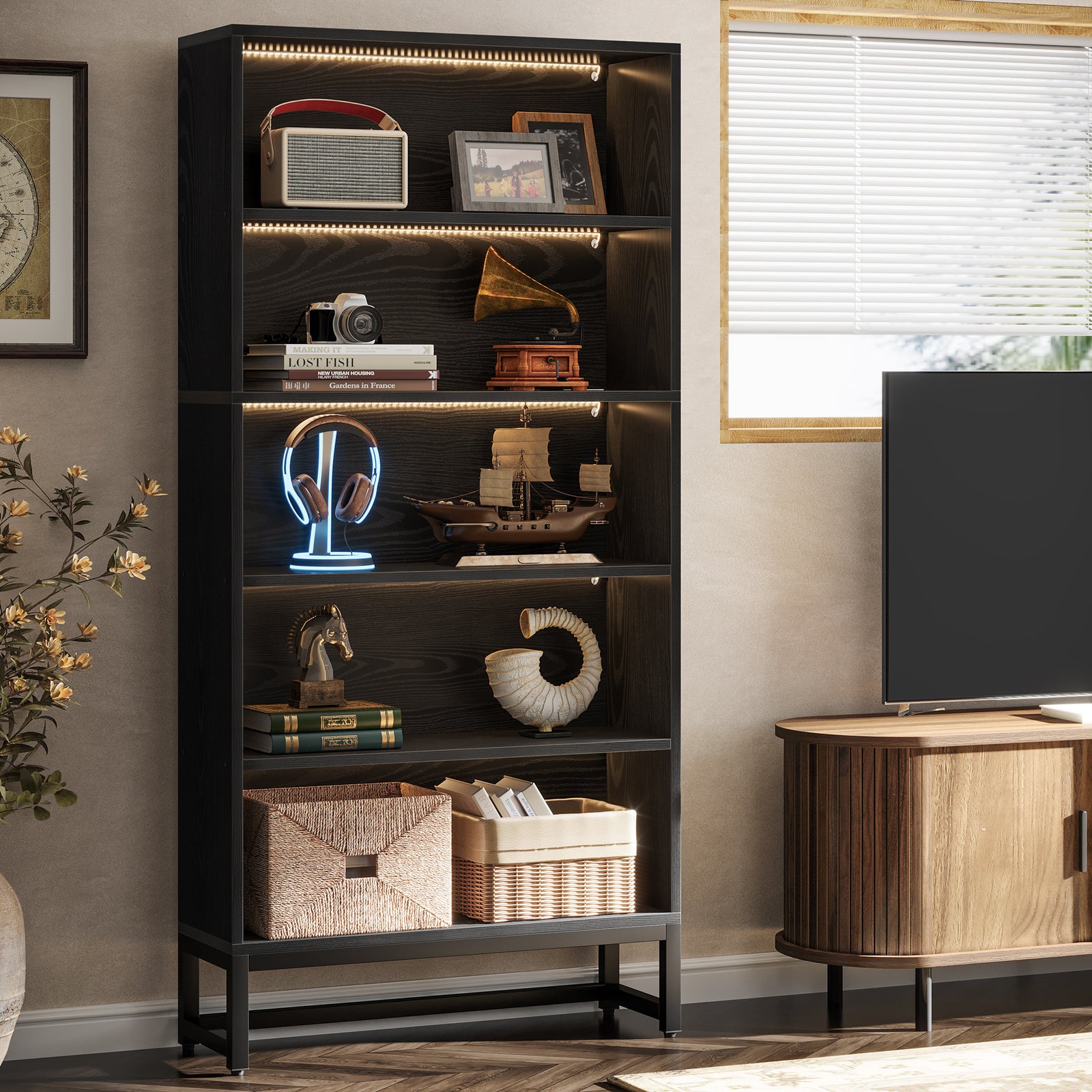 Tribesigns Bookcase with Lights, 70.8” Tall Bookshelf with 5-Tier ...