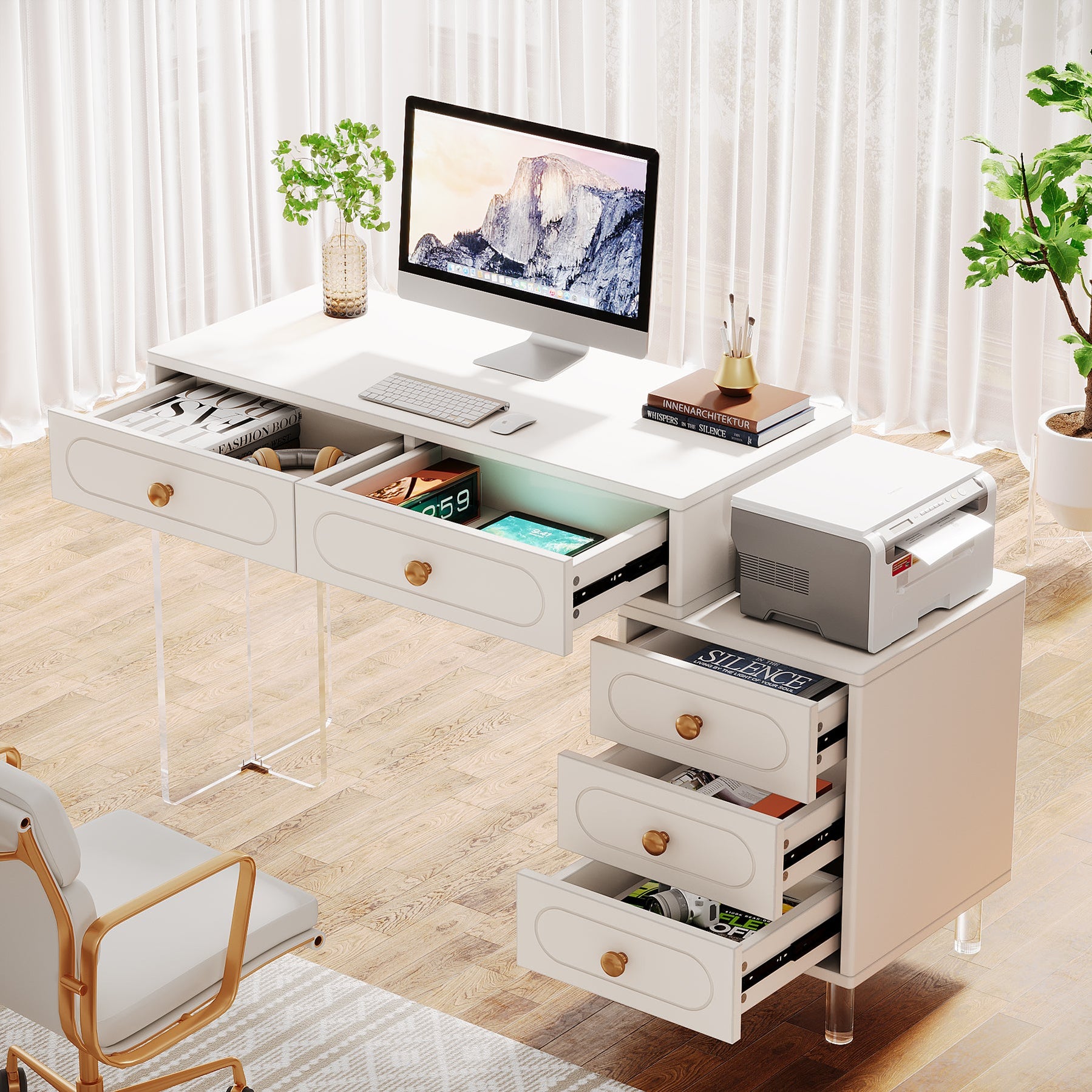Tribesigns 5-Drawer Computer Desk with Transparent Acrylic Base & Legs