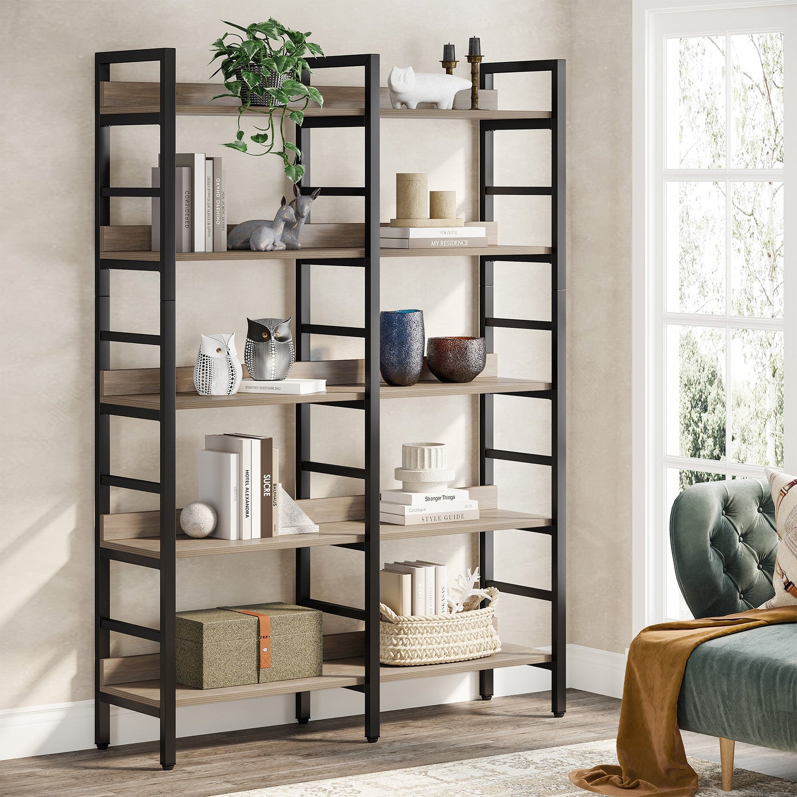 Tribesigns Bookshelf, Double Wide 5-Tier Bookcase Storage Shelves Unit ...