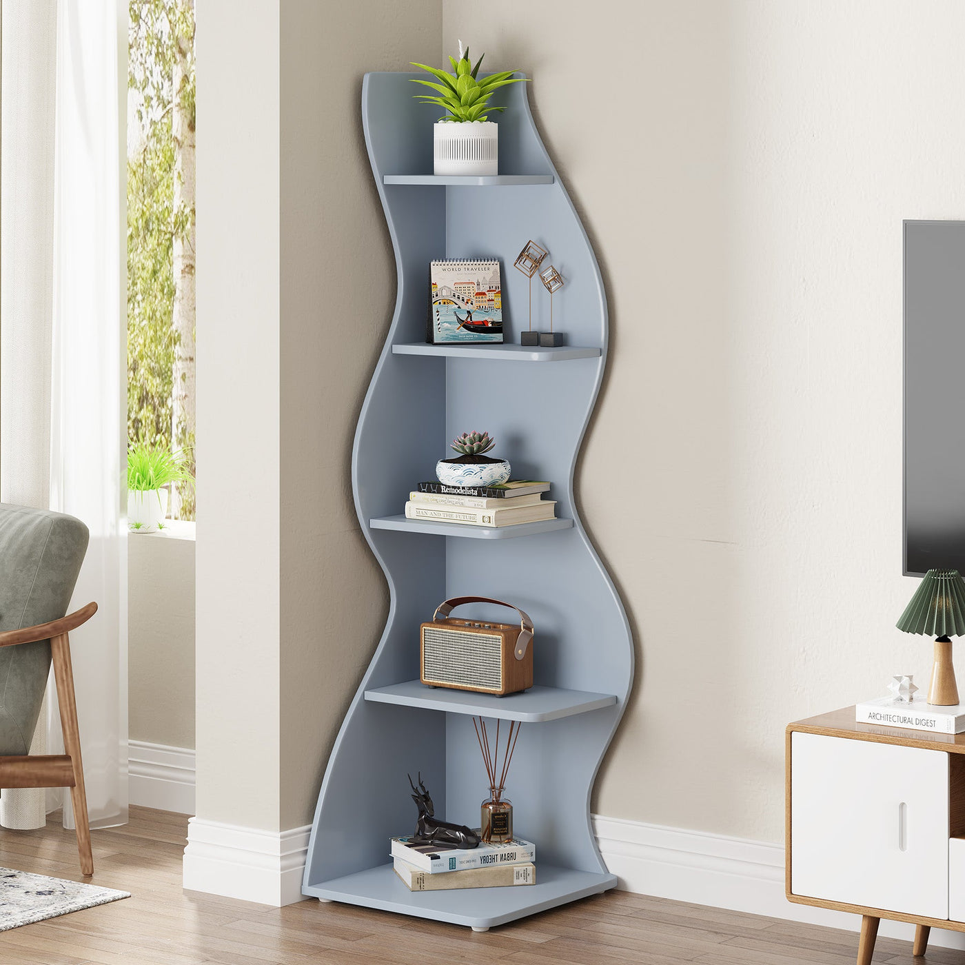 Tribesigns Corner Shelf, Modern 5-Tier Wall Corner Bookshelf Bookcase