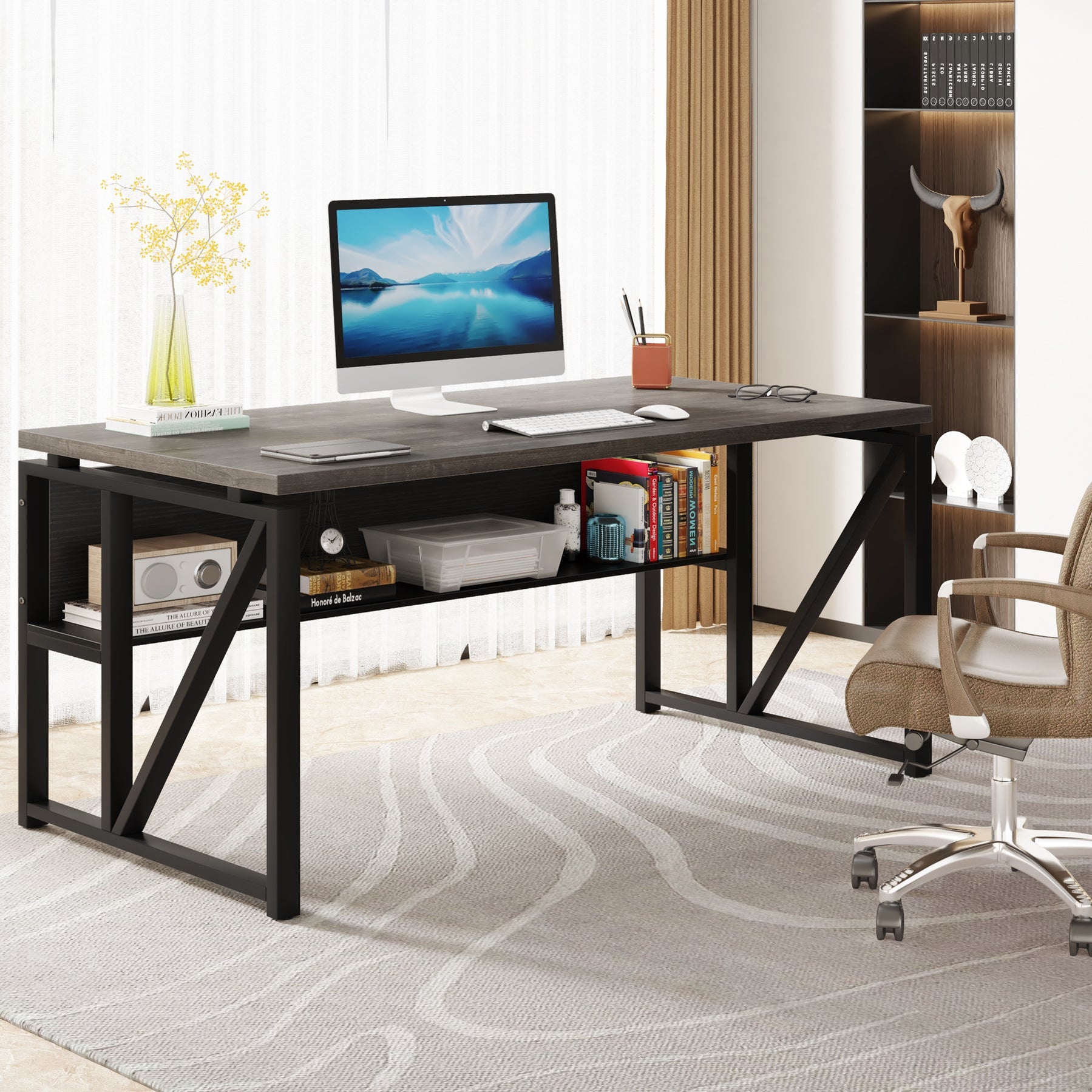 Tribesigns 55" /63" Computer Desk with Bottom Storage Shelf