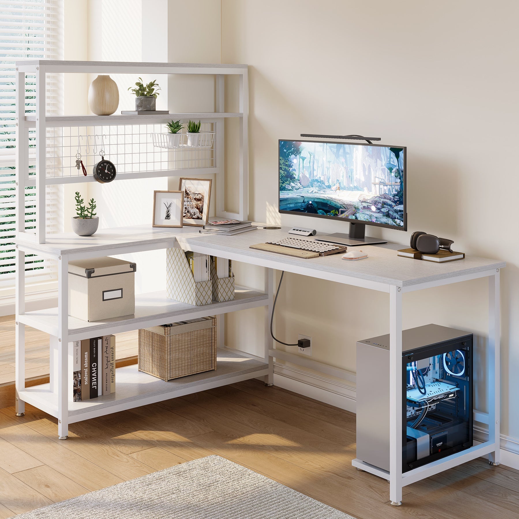 Tribesigns Reversible L-Shaped Desk with Wireless Charging & Shelves