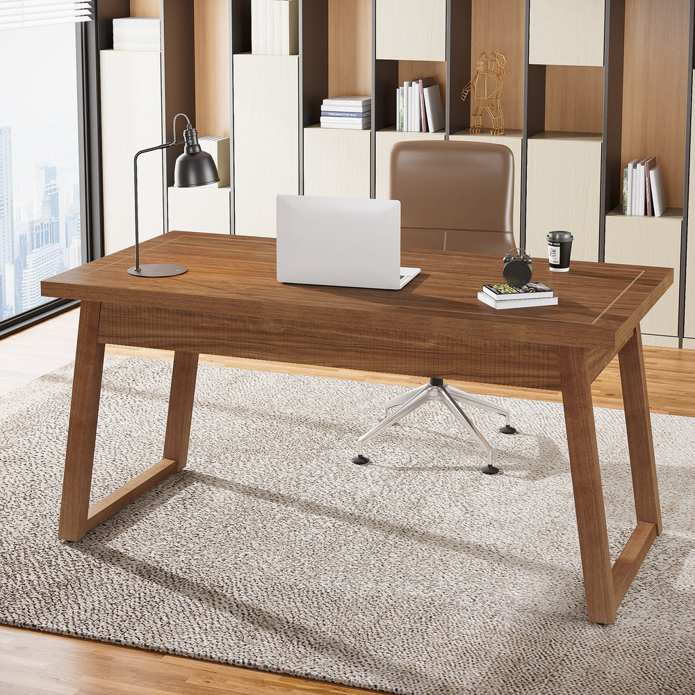 55" Wood Computer Desk, Mid Century Modern Desk With Drawers-Tribesigns