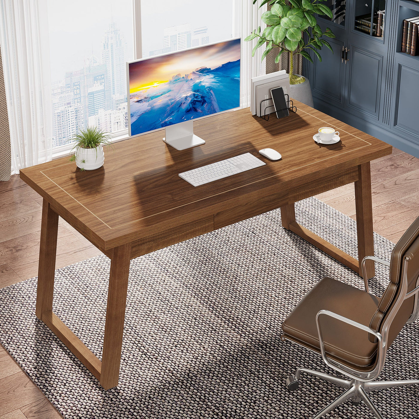 55" Wood Computer Desk, Mid Century Modern Desk With Drawers-Tribesigns